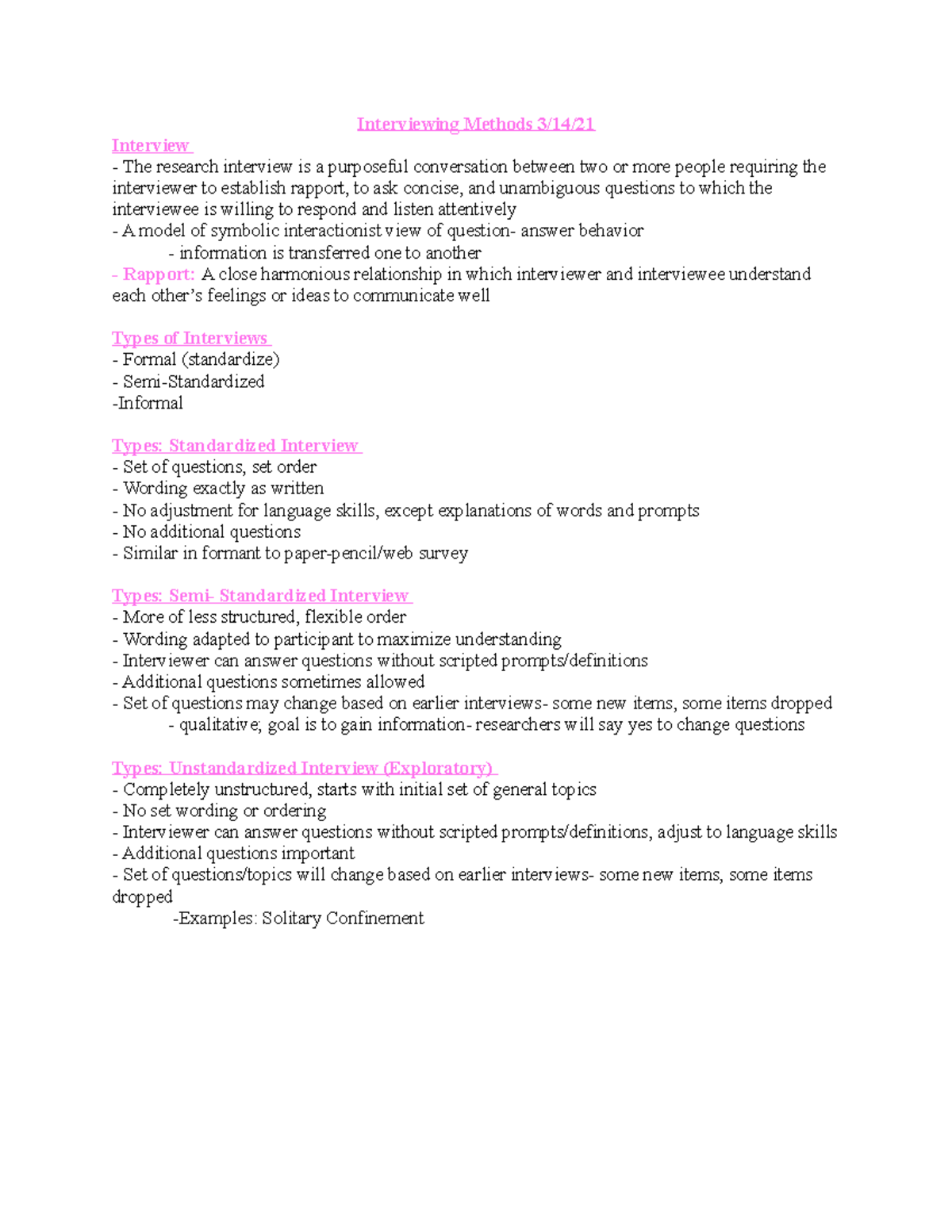 RSM notes 3:14 - Interviewing Methods 3/14/ Interview The research ...