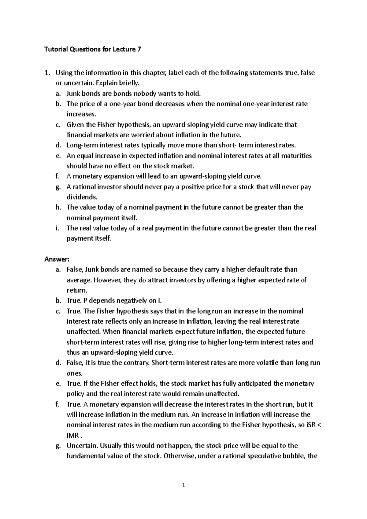 Tutorial Questions for Lecture 7 - Suggested Answers - Tutorial ...