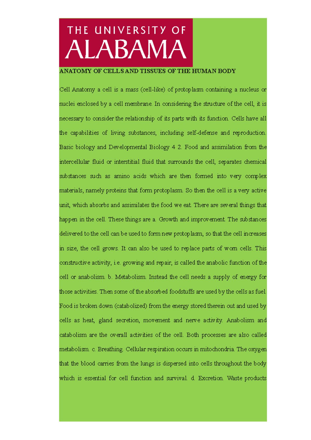 Documents College Biology - Anatomy OF Cells AND Tissues OF THE Human ...