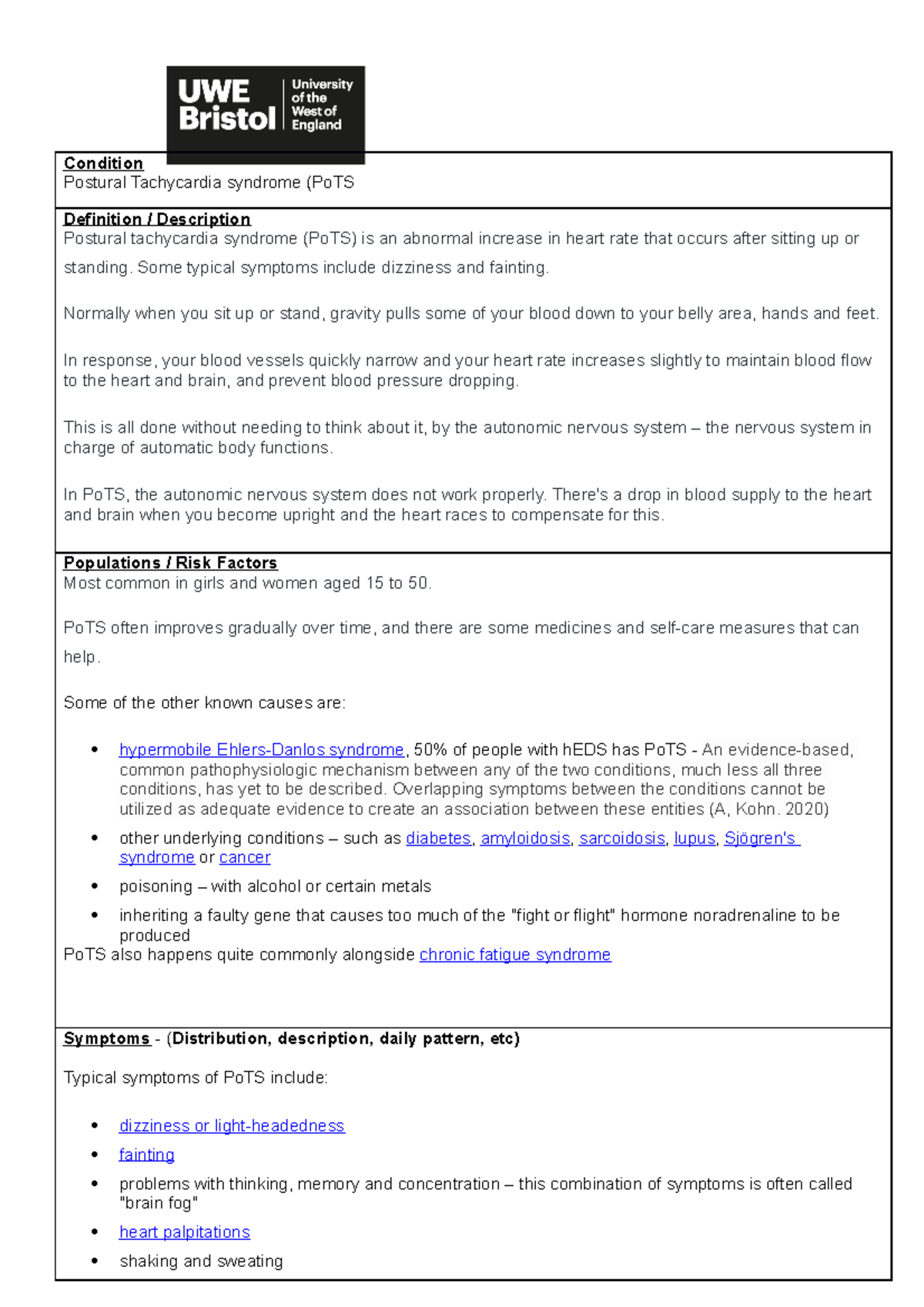 Clincal patterns sheet POTS - UWE - Studocu