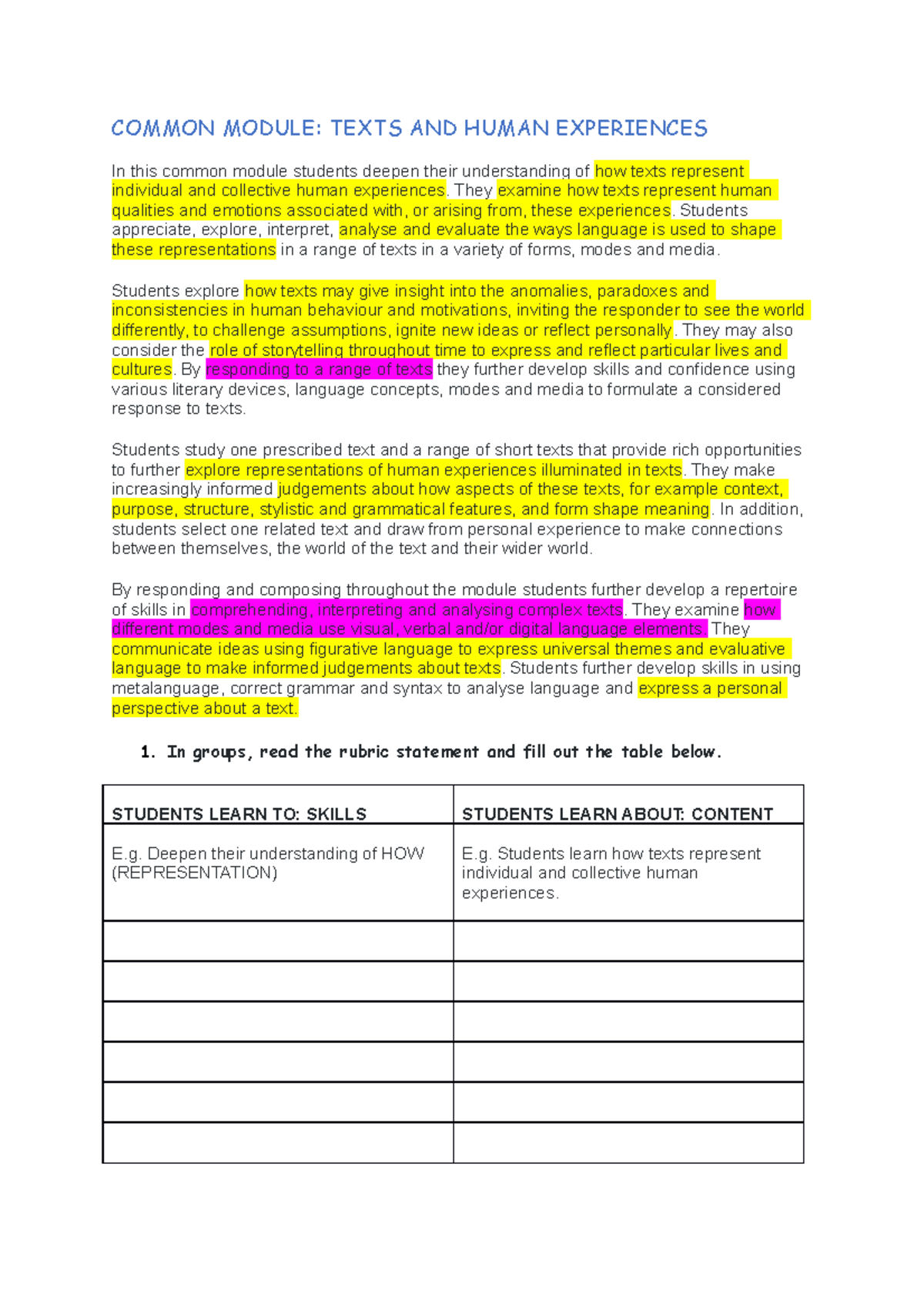 Common Module Rubric Activity - COMMON MODULE: TEXTS AND HUMAN ...