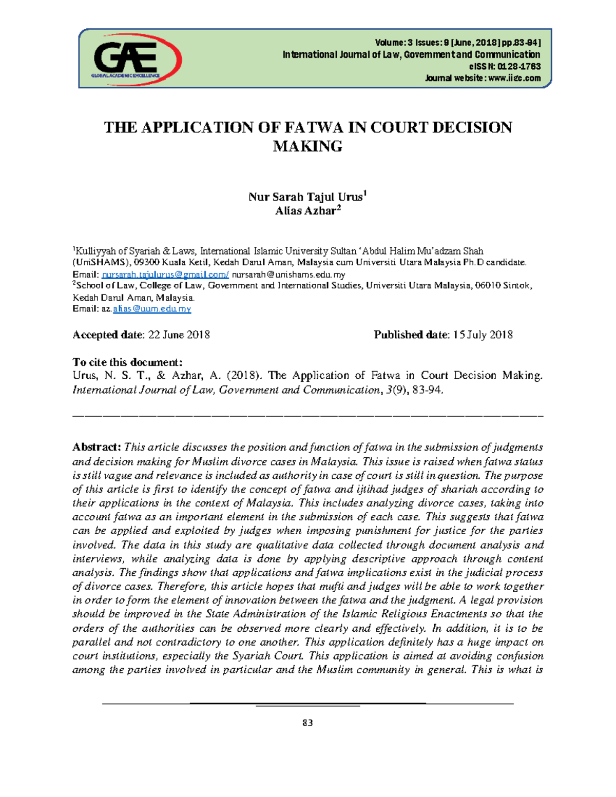 Fatwa in legal decision making - THE APPLICATION OF FATWA IN COURT ...