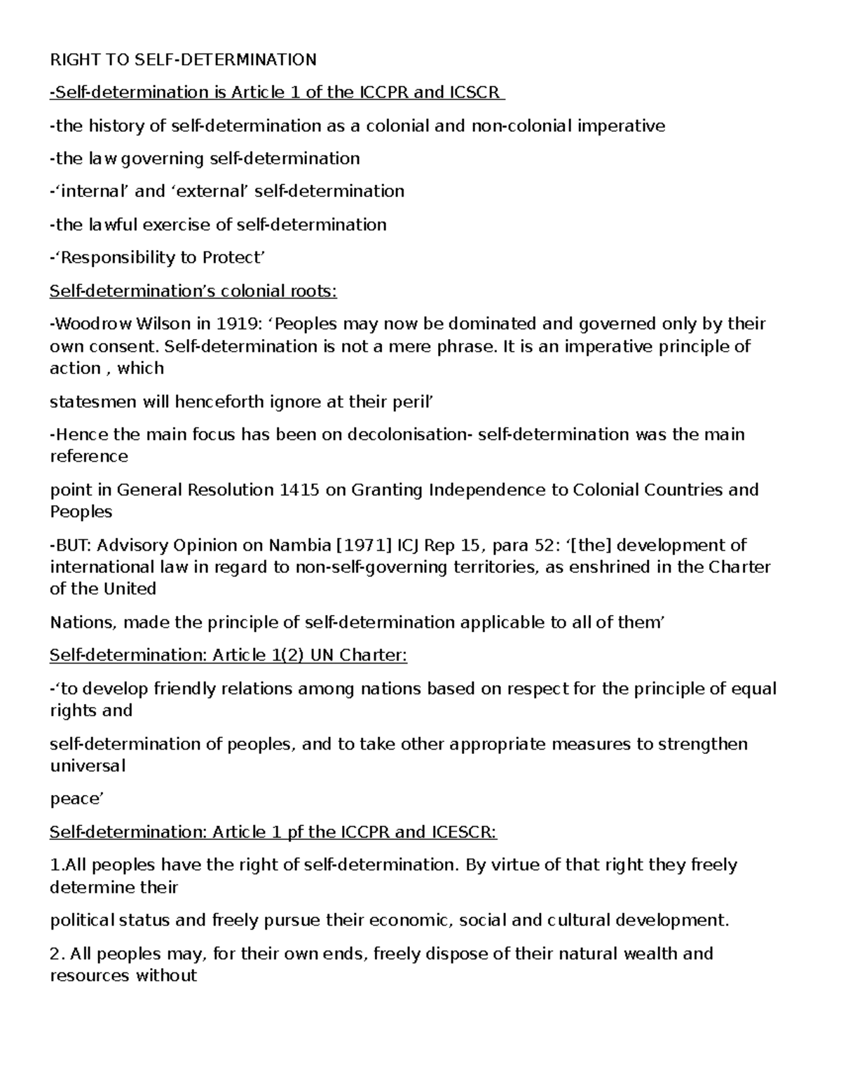 Self determination notes - RIGHT TO SELF-DETERMINATION -Self ...