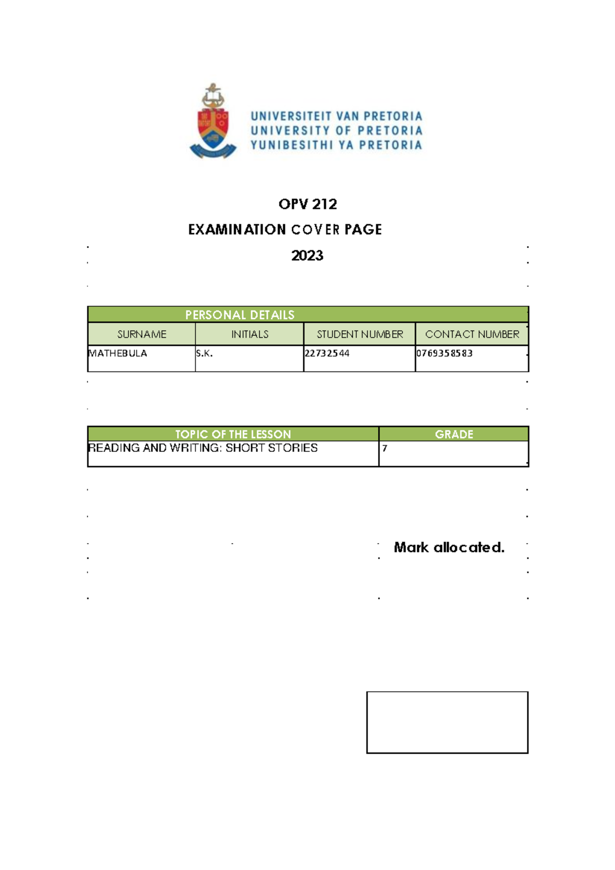 Examination Cover Page karabo - OPV 212 EXAMINATION COVER PAGE 2023 ...