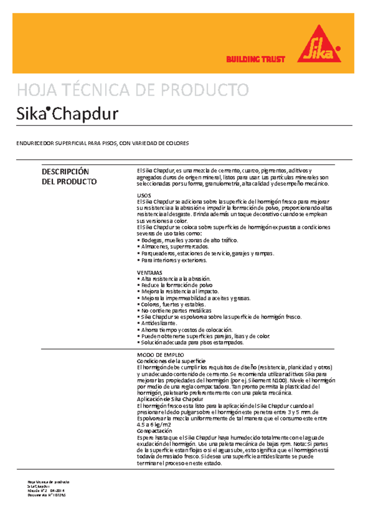 Sika Chapdur PDS - endurecedor - Sika Chapdur HOJA TÉCNICA DE PRODUCTO ENDURECEDOR SUPERFICIAL ...