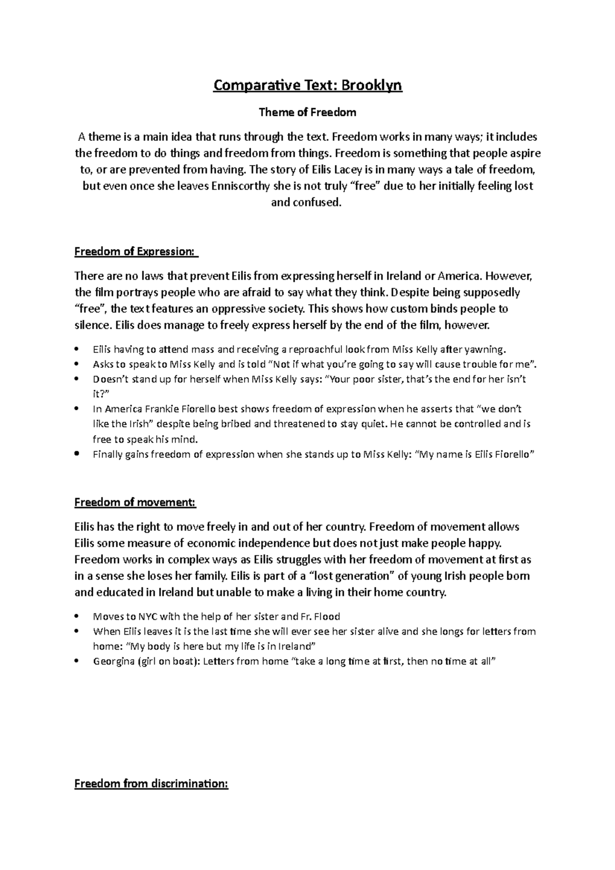 Brooklyn Notes - Comparative Text: Brooklyn Theme of Freedom A theme is ...