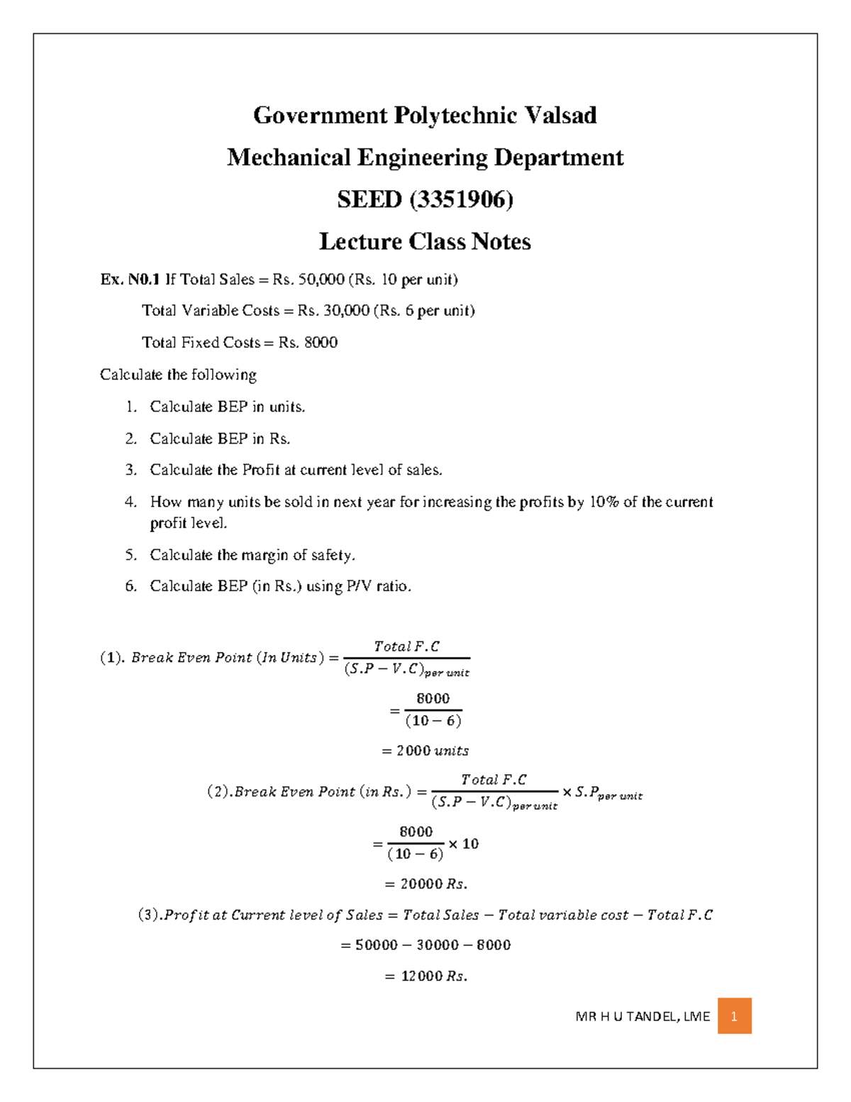 Break Even Point Example Lecture Notes - MR H U TANDEL, LME 1 ...