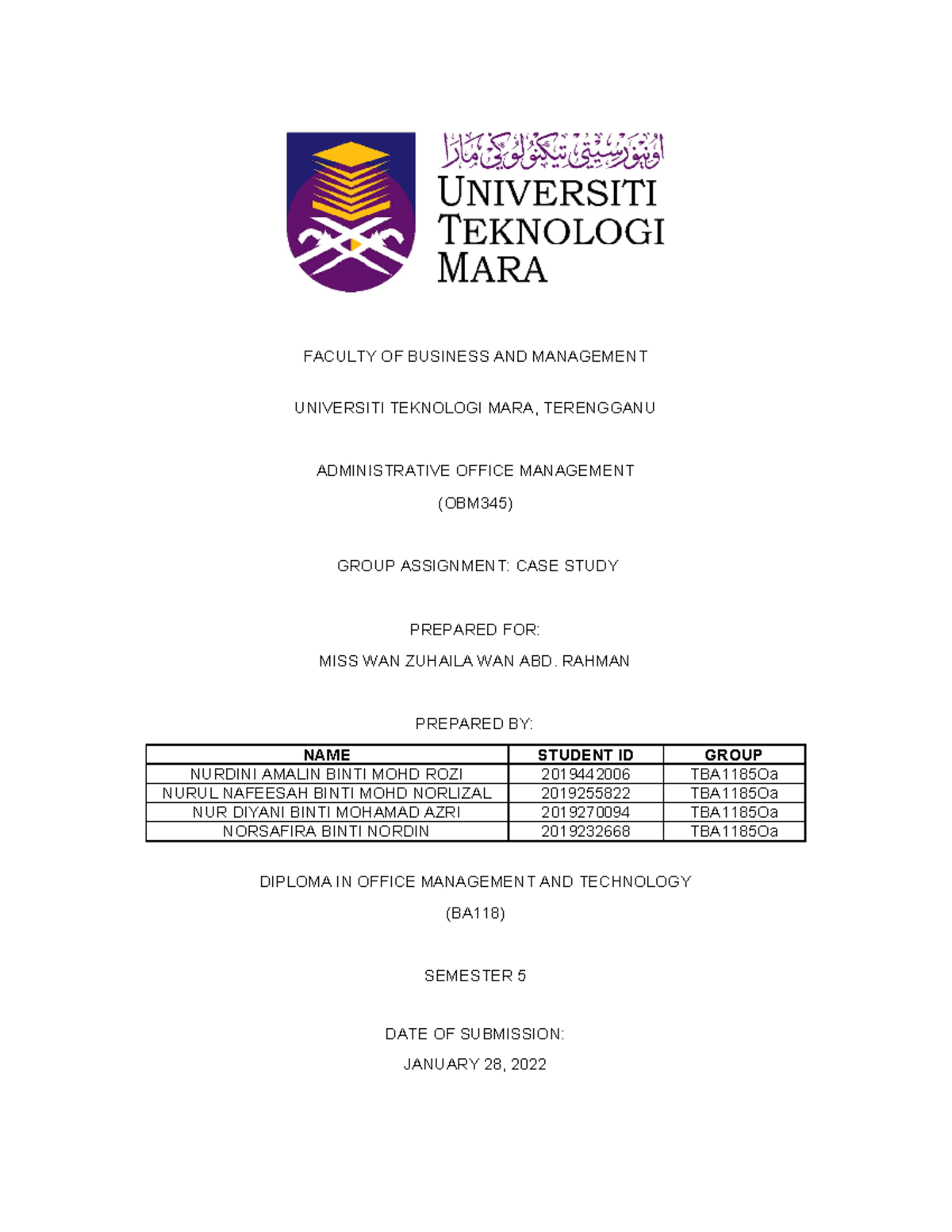 OBM345 CASE Study Assignment T BA118 5Oa - FACULTY OF BUSINESS AND MANAGEMENT UNIVERSITI ...