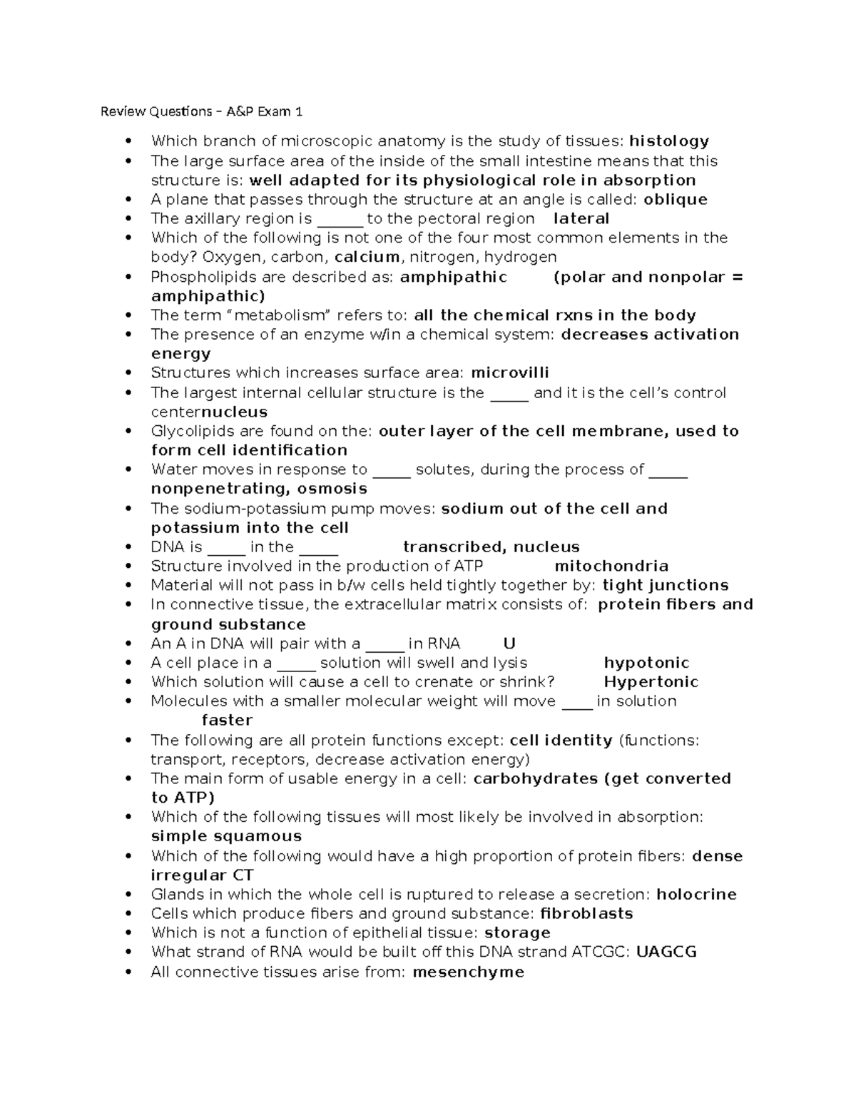 A&P Exam 1 Review Questions - Review Questions – A&P Exam 1 Which ...