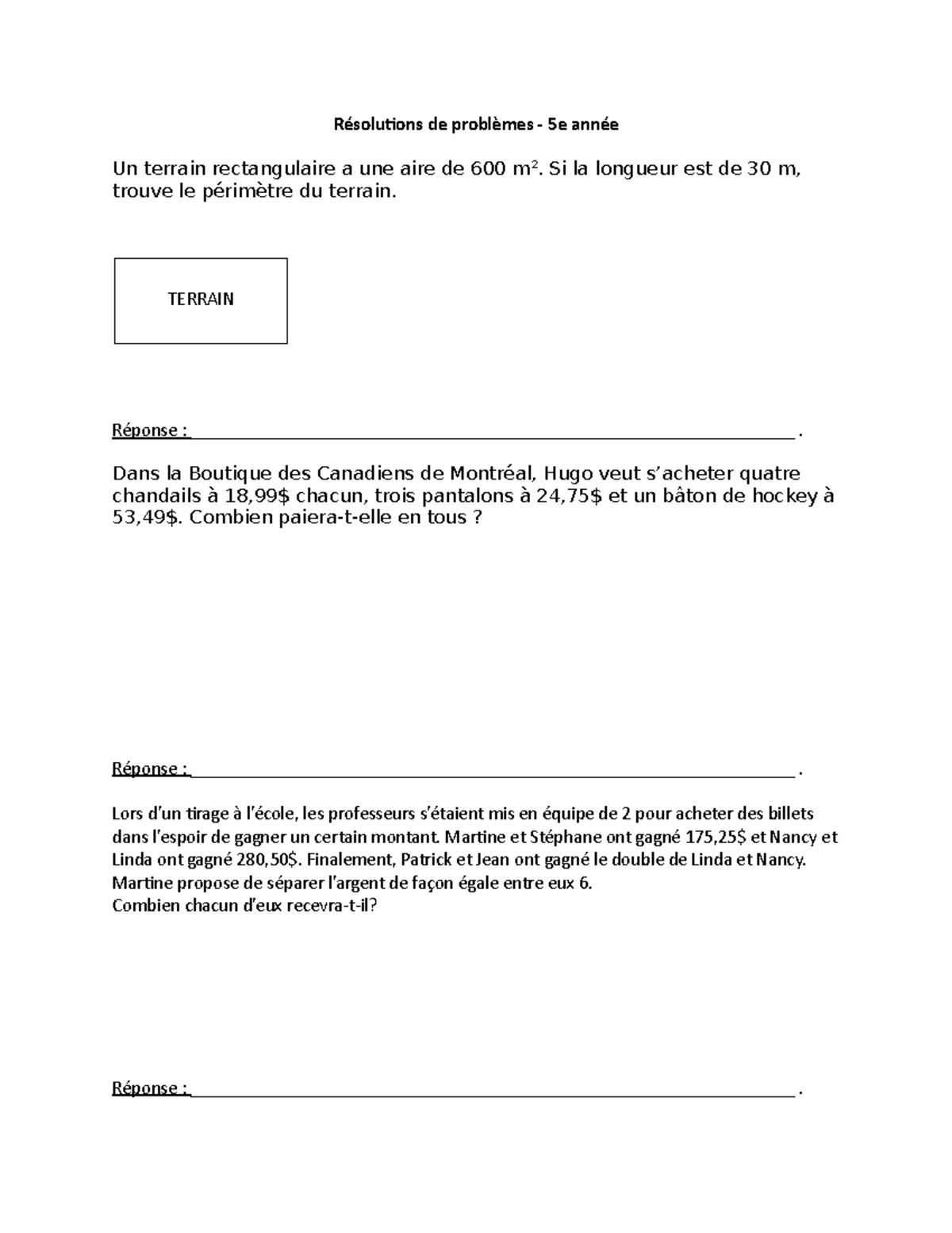5e - résolutions de problèmes - Résolutions de problèmes 5e année Un ...
