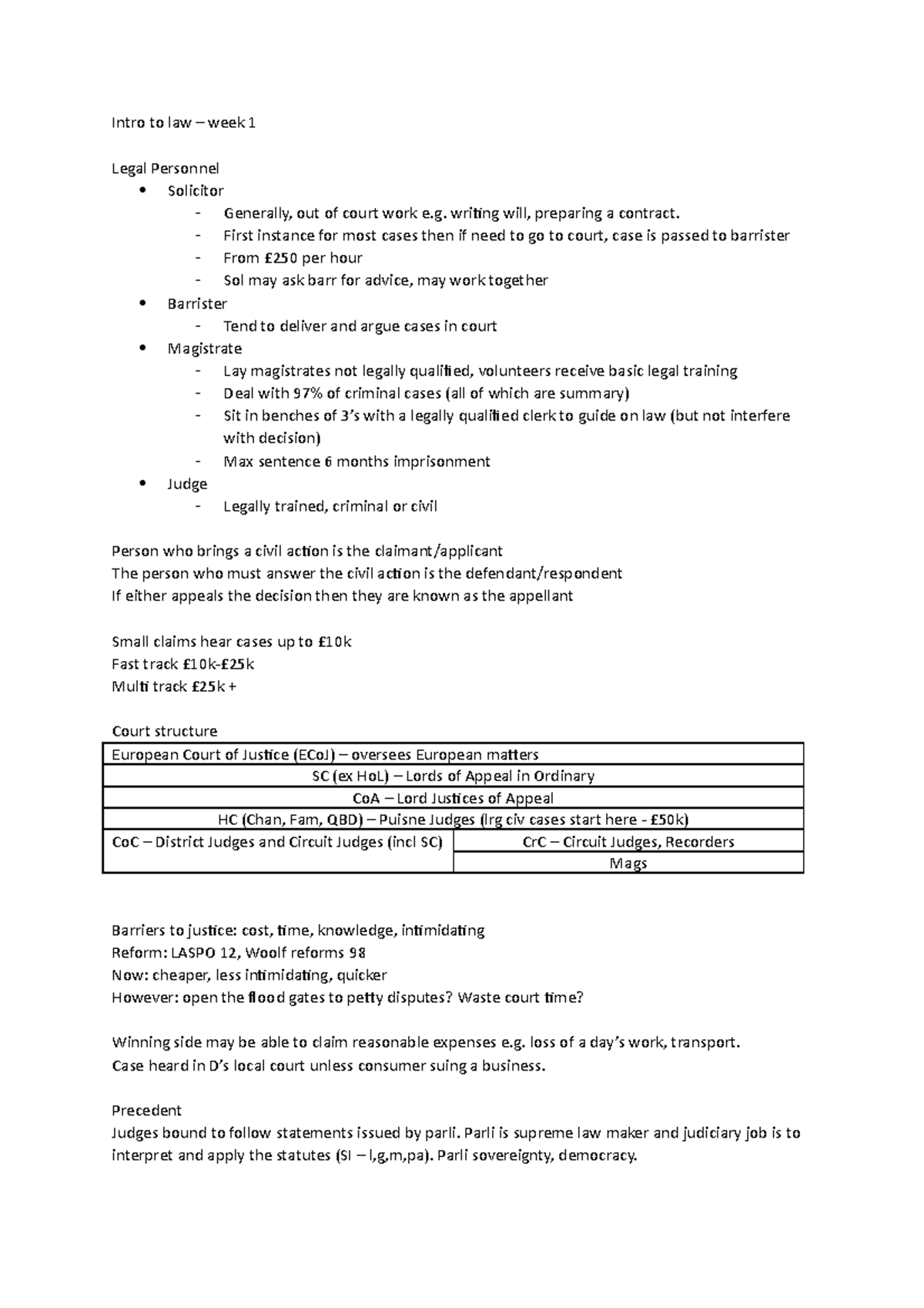 Week 1 - Intro to law - Intro to law – week 1 Legal Personnel Solicitor ...