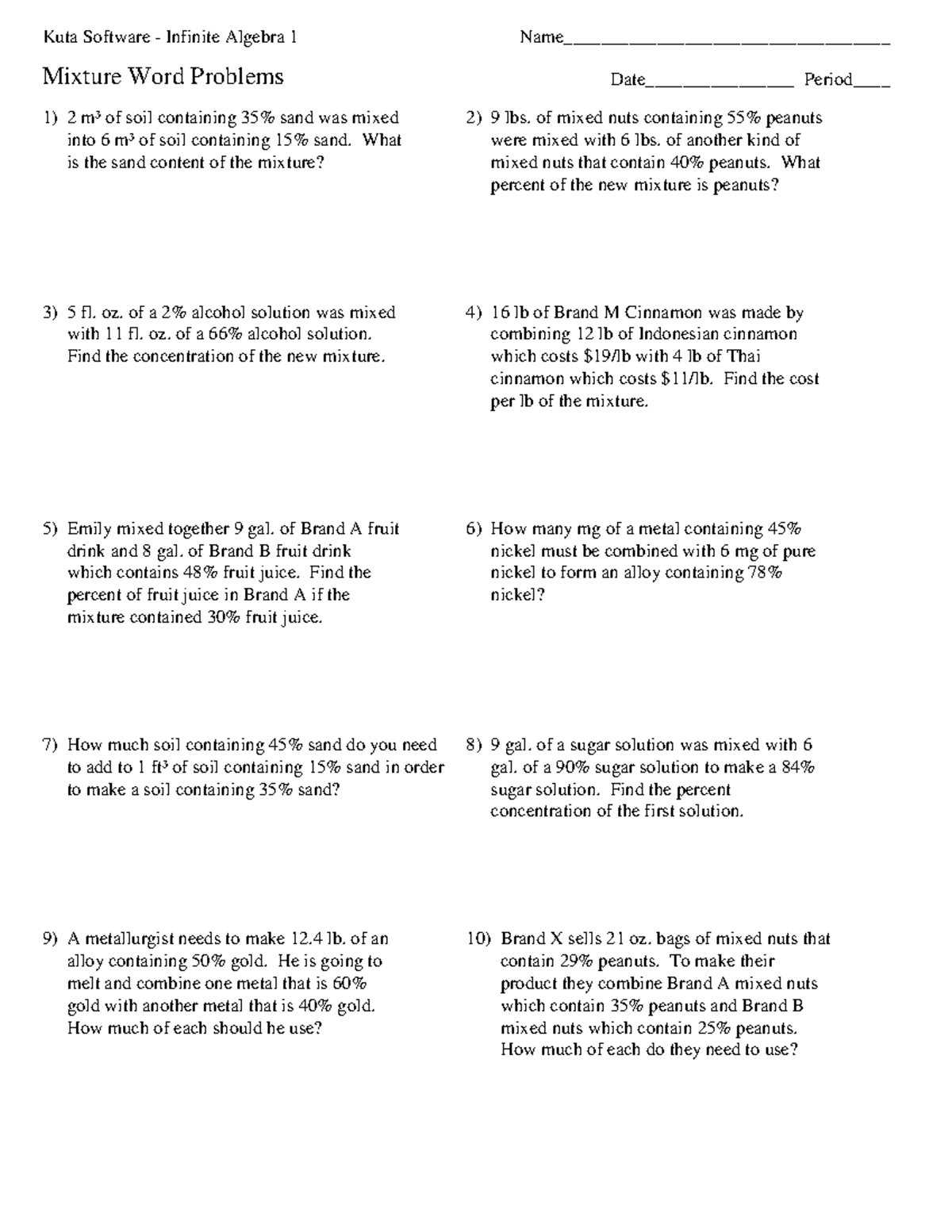 Mixture Word Problems - Kuta Software - Infinite Algebra 1 Name