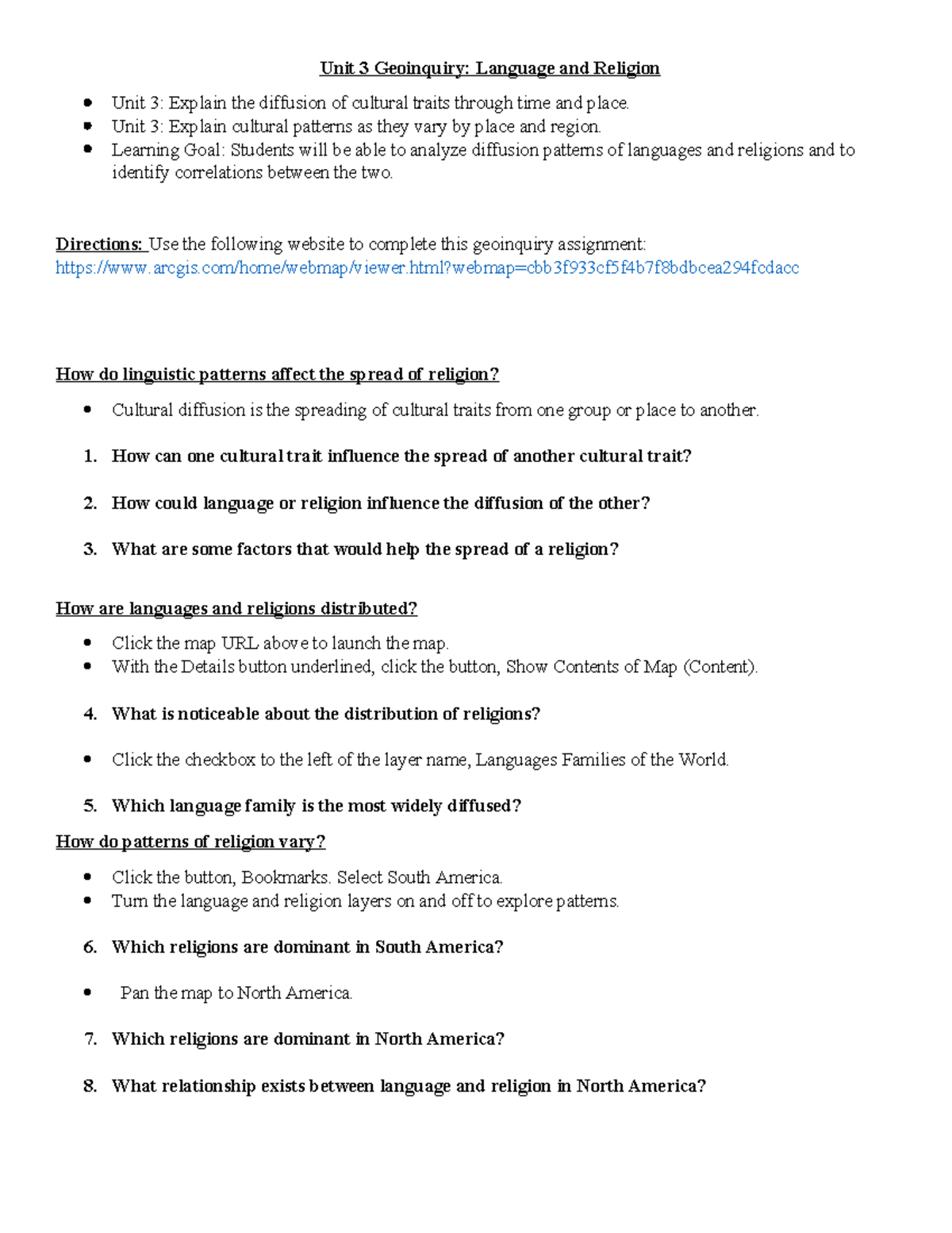Unit 3 Geoinquiry Language and Religion - Unit 3 Geoinquiry: Language ...
