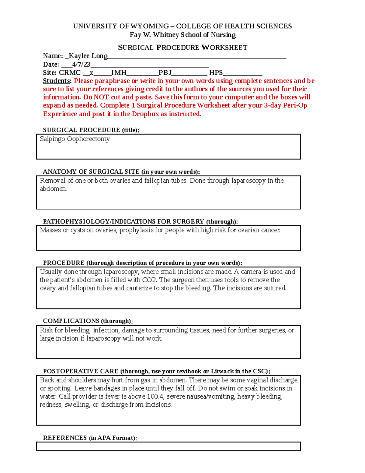 Surgical Procedure Form - UNIVERSITY OF WYOMING – COLLEGE OF HEALTH ...