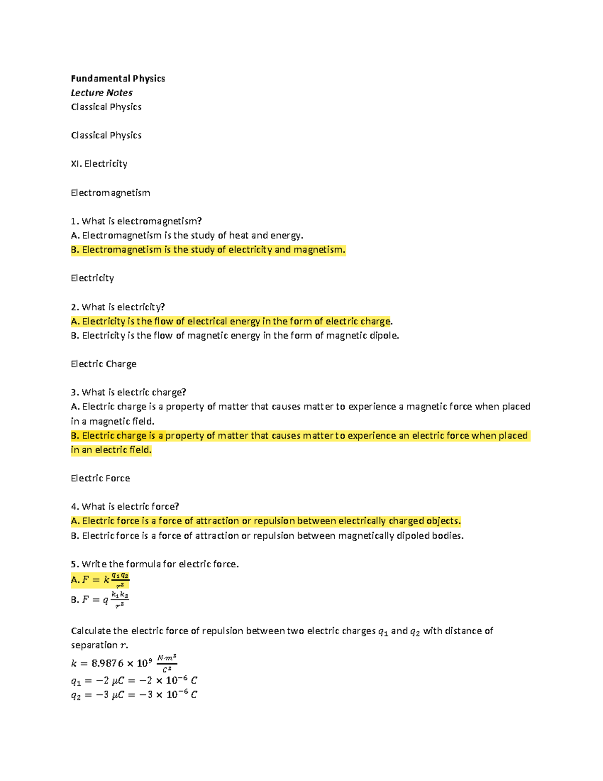 (with key) Electricity - Fundamental Physics Lecture Notes Classical ...
