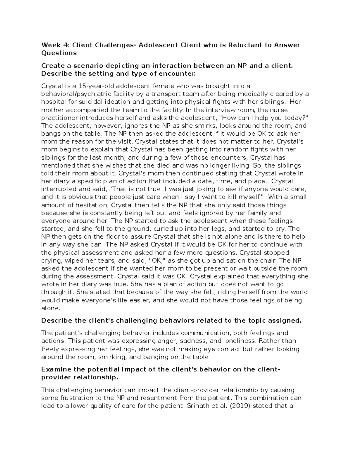 Week 4 Client Challenges - Week 4: Client Challenges- Adolescent Client ...