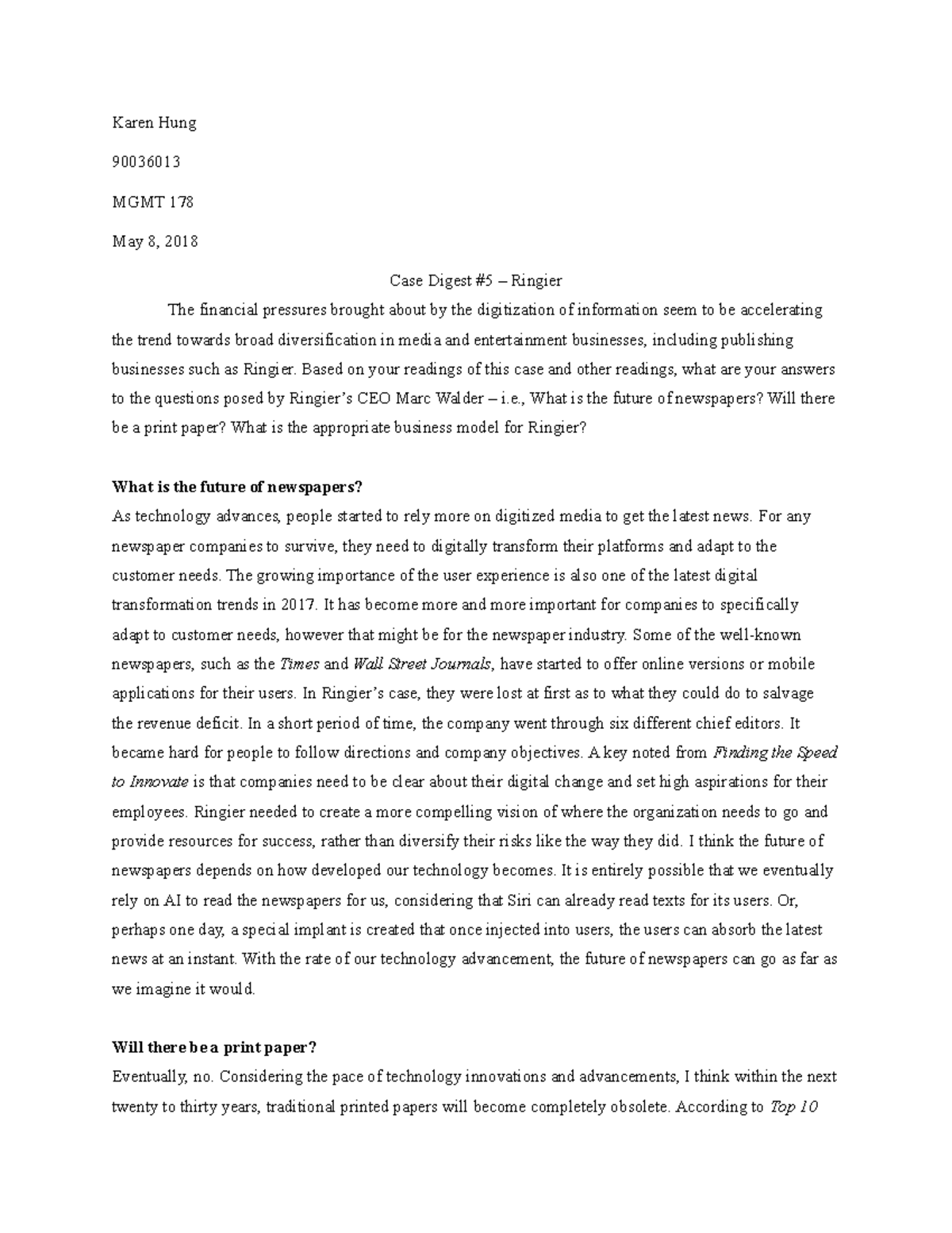 Case Digest 5 - Ringier - Course taught by professor Lubitz - Karen ...