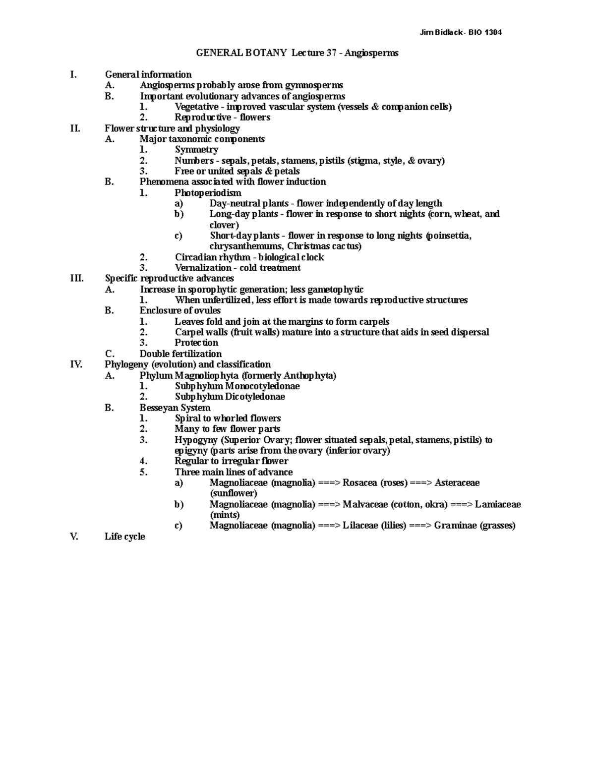 ANGIOSPERM PLANTS - Jim Bidlack - BIO 1304 GENERAL BOTANY Lecture 37 ...