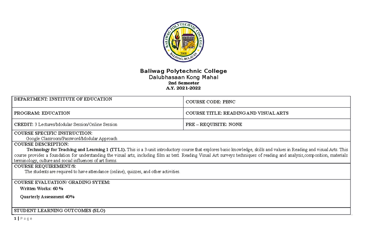 Syllabus-Sample - Baliwag Polytechnic College Dalubhasaan Kong Mahal ...
