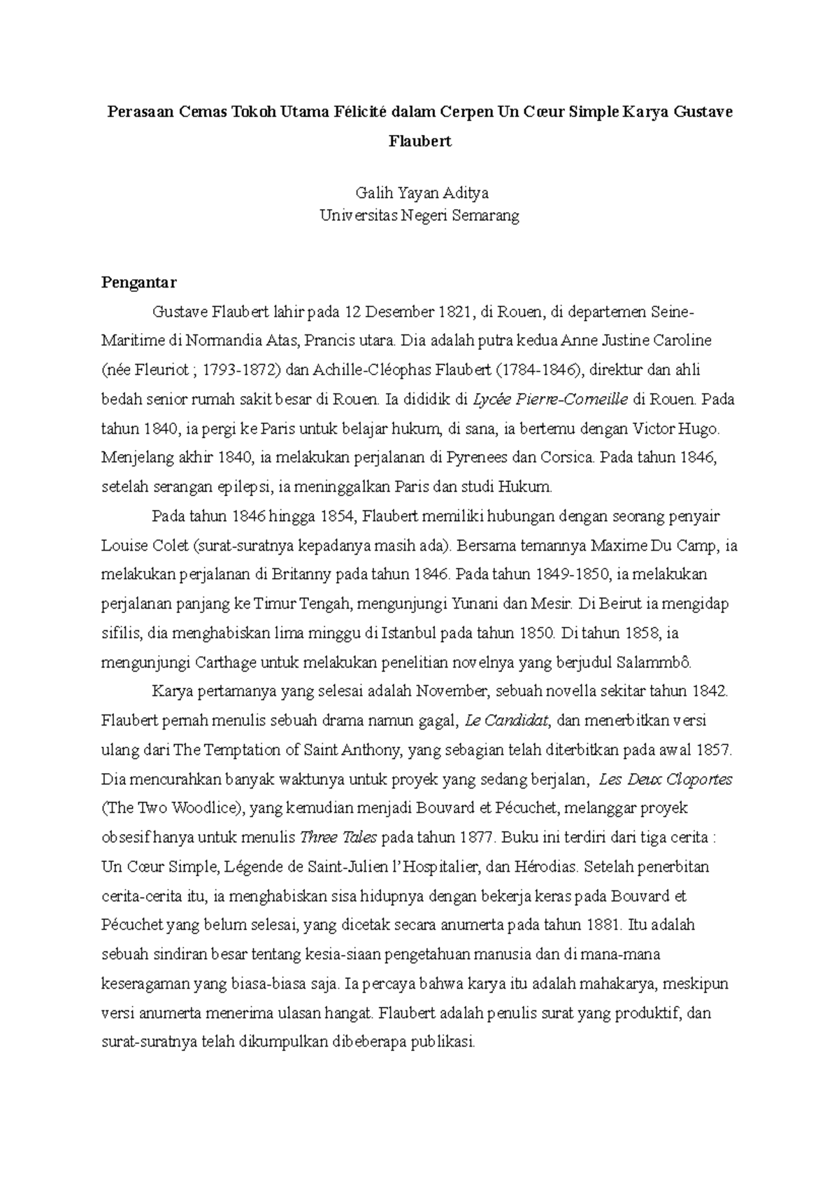 Psikologi Sastra 2 - Perasaan Cemas Tokoh Utama Félicité dalam Cerpen ...