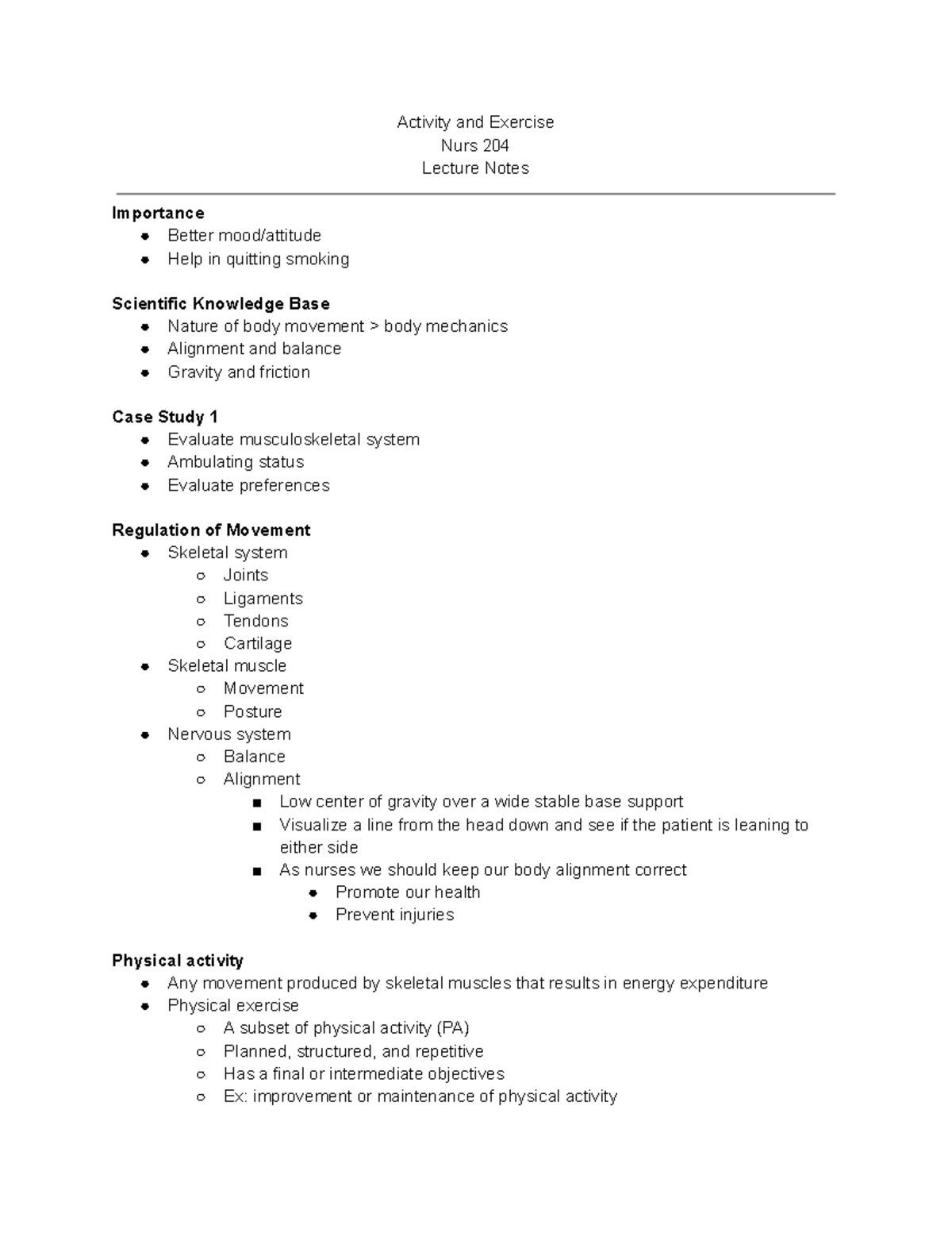 Activity and Exercise Nurs 204 - Activity and Exercise Nurs 204 Lecture ...