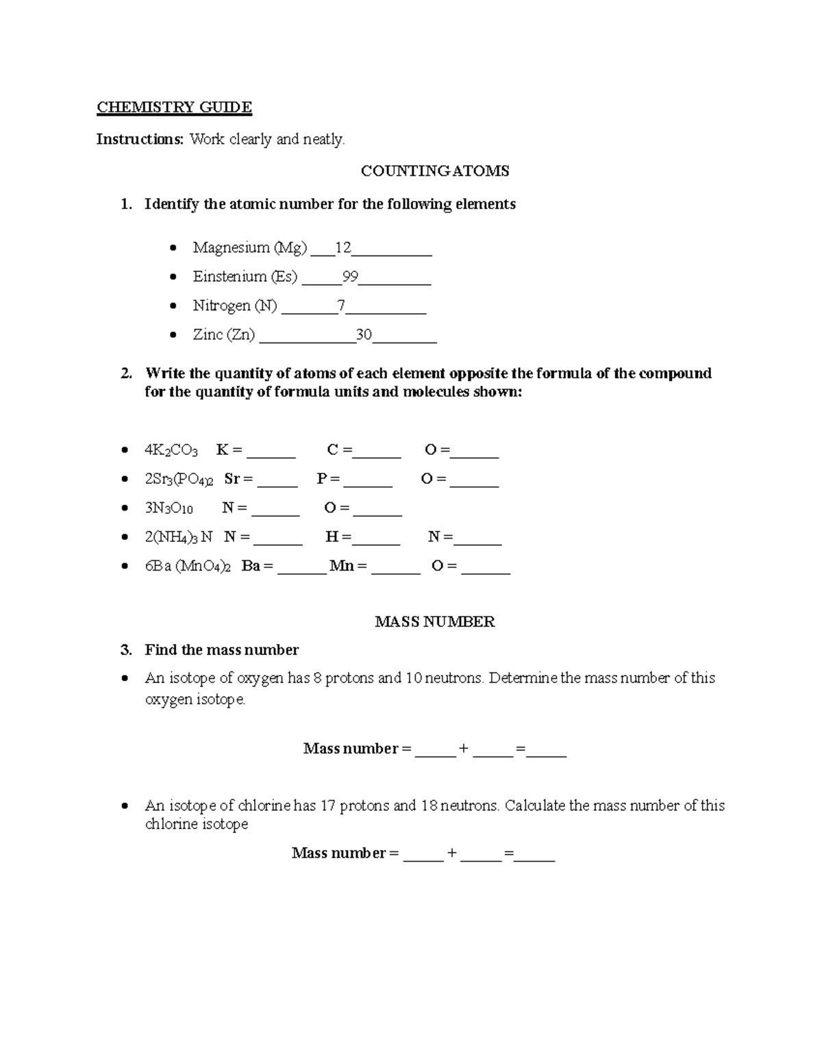 Counting atoms and molar mass - guide - CHEMISTRY GUIDE Instructions ...