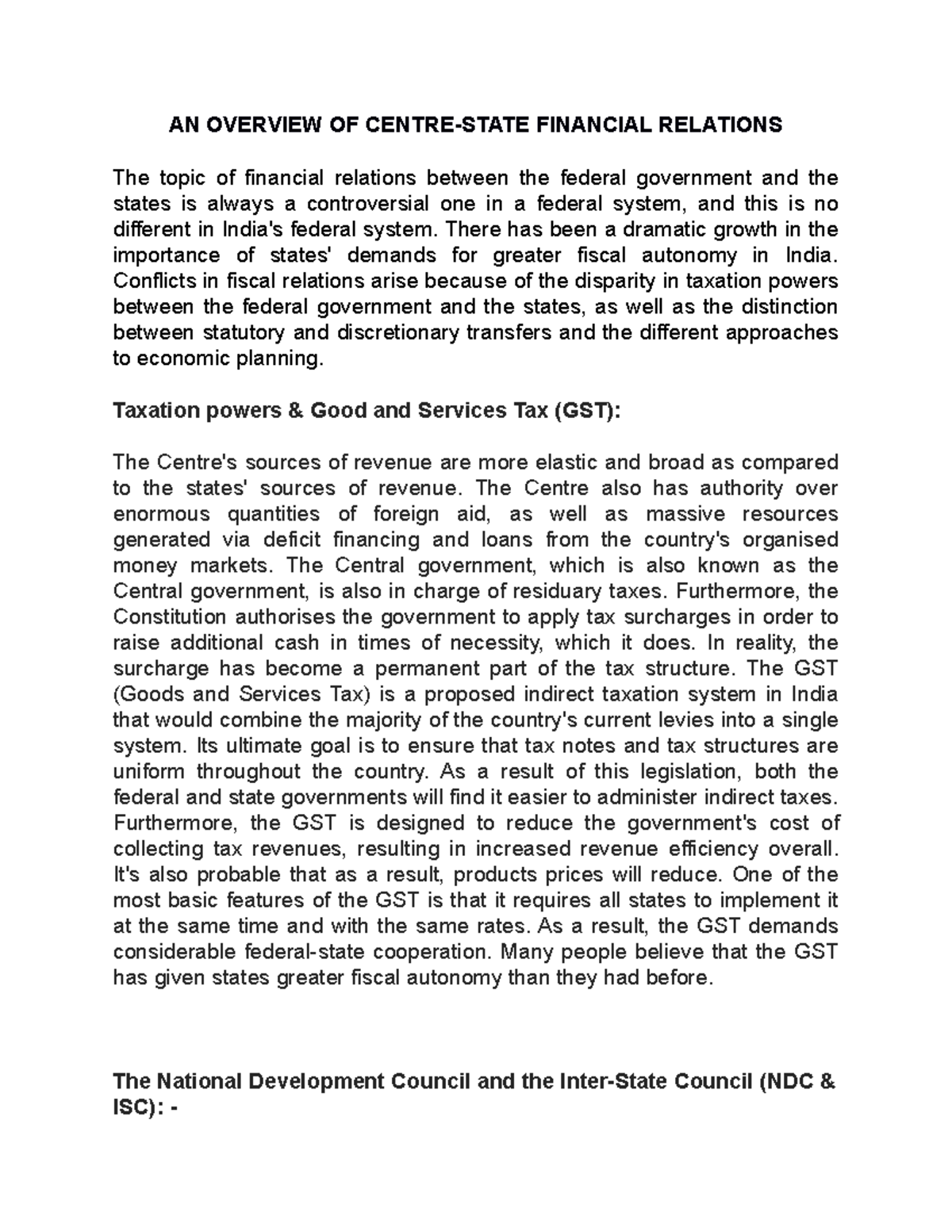 AN Overview OF Centre State Financial Relations - AN OVERVIEW OF CENTRE ...