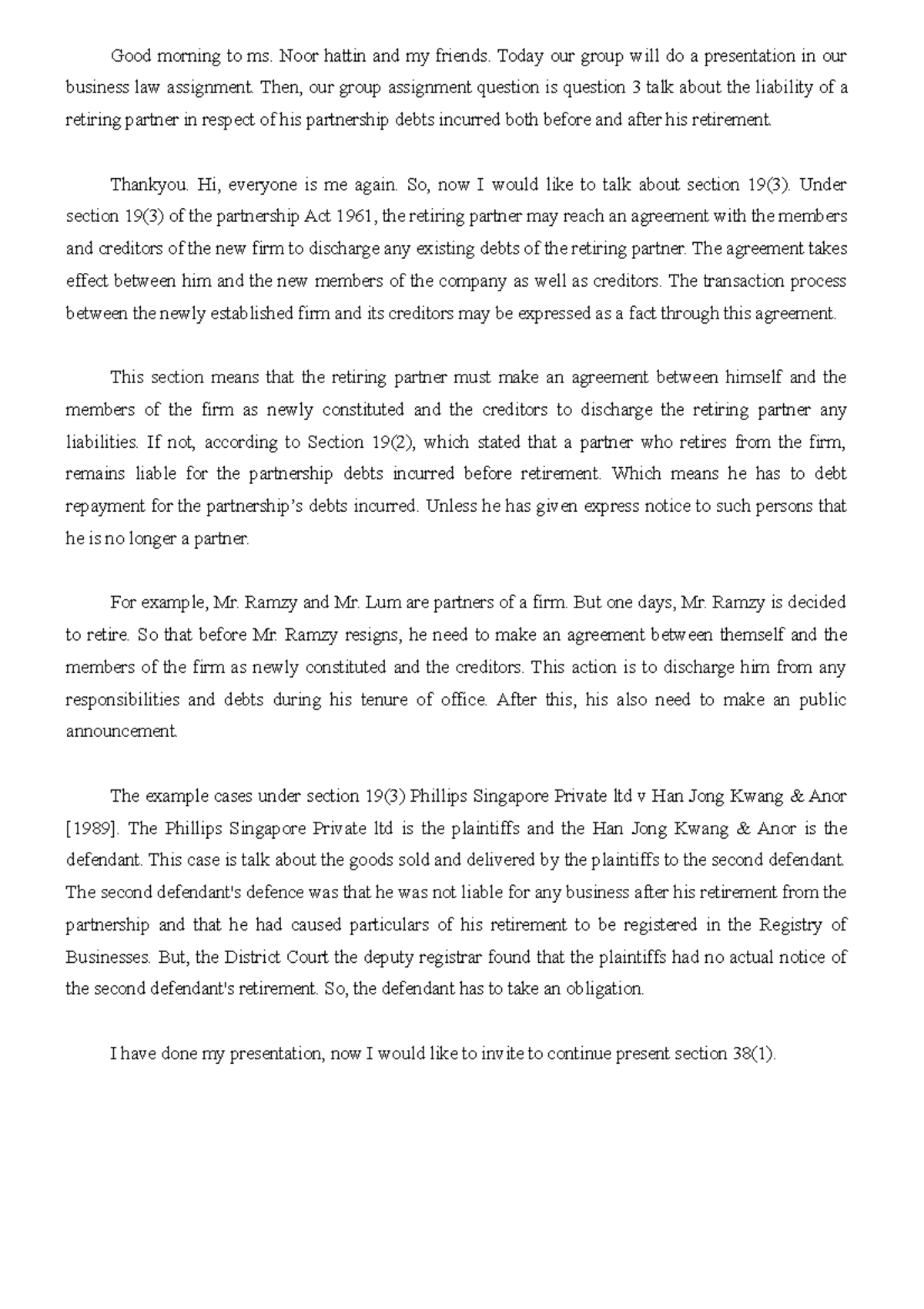 B.Law Script - Good morning to ms. Noor hattin and my friends. Today ...