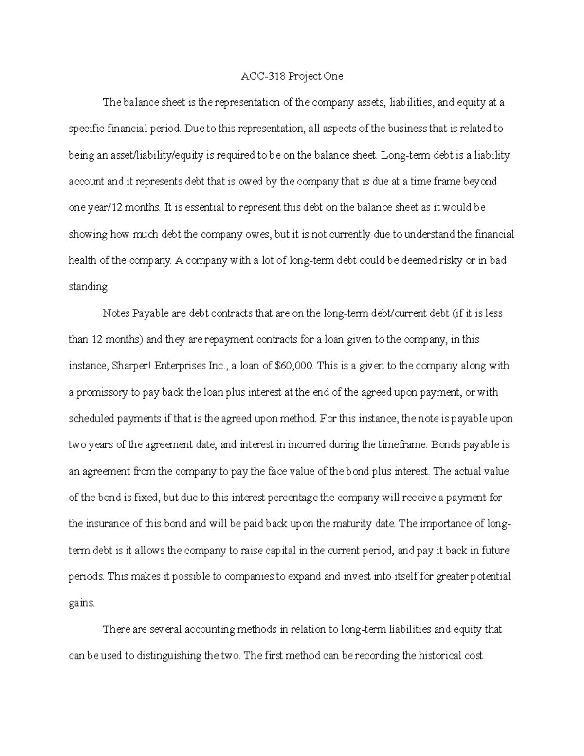 ACC 318 Project One - Assignment - ACC-318 Project One The balance ...