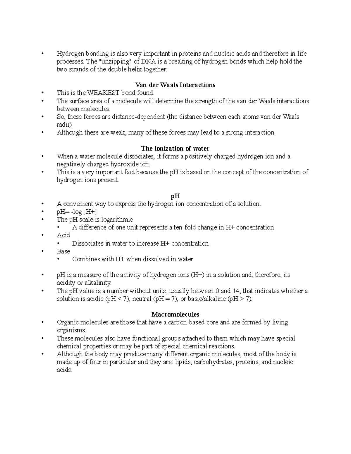 Bio 110 Lecture iii - Biology - Hydrogen bonding is also very important ...