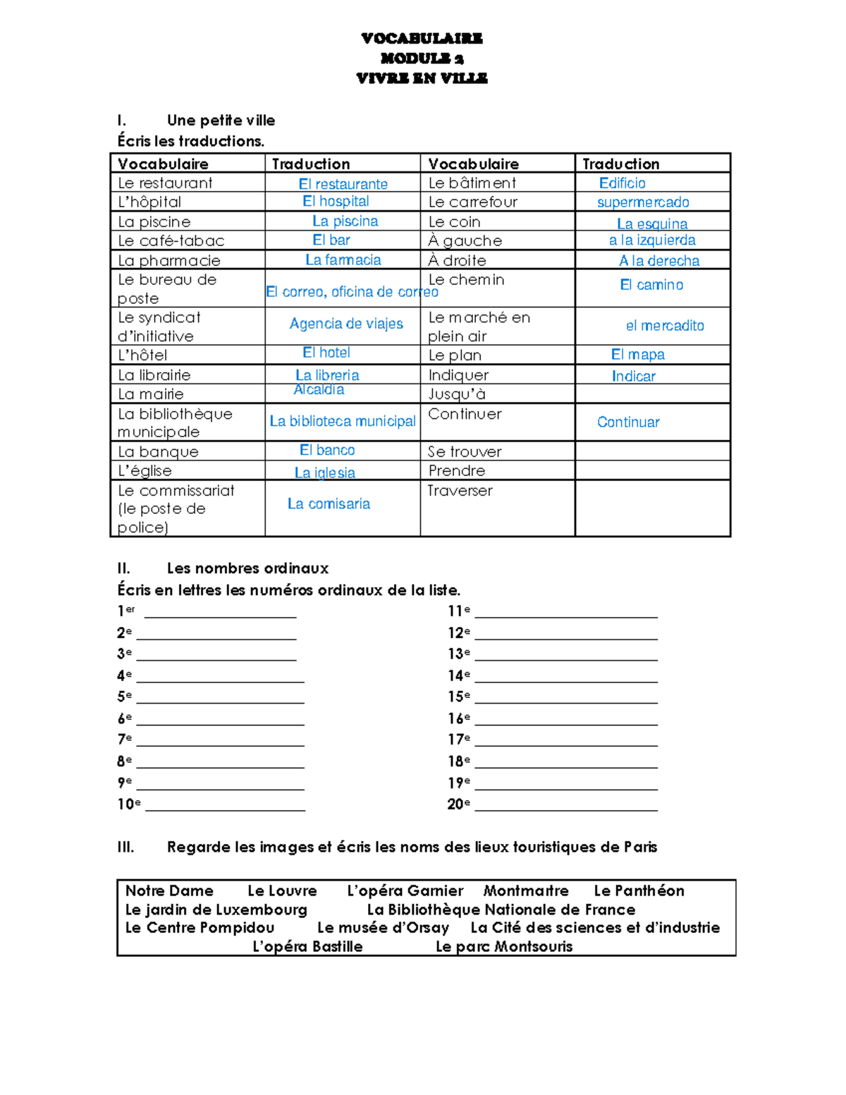 Vocabulaire Module 2 - VOCABULAIRE MODULE 2 VIVRE EN VILLE I. Une ...