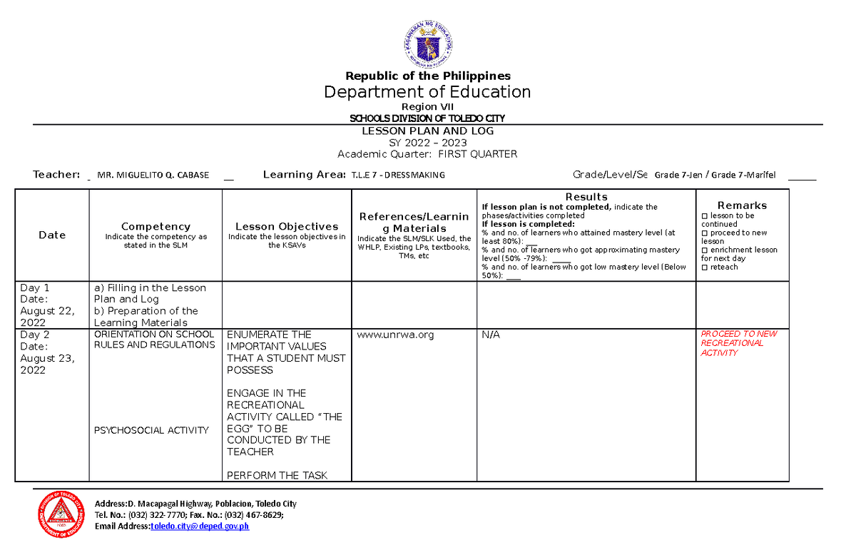 DLL Dressmaking 7 - Department of Education Region VII SCHOOLS DIVISION ...