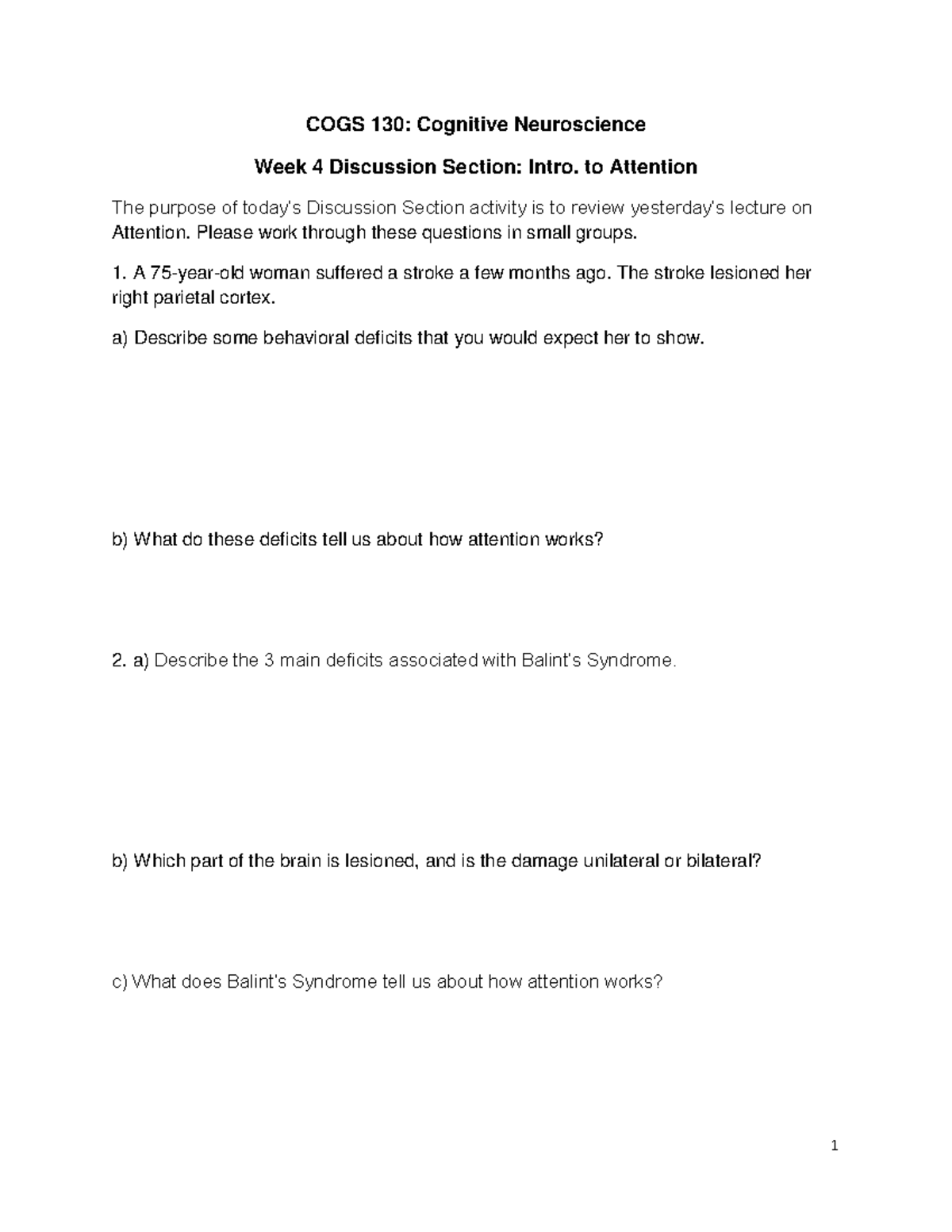 Week4 Intro To Attention - 1 COGS 130: Cognitive Neuroscience Week 4 Discussion Section: Intro ...