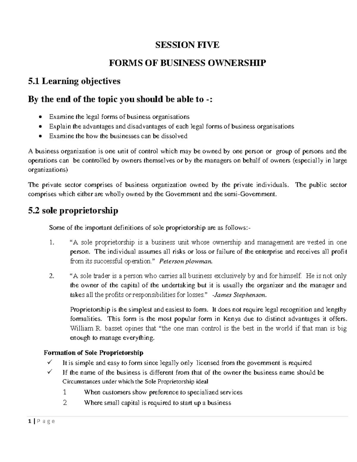 Session 5 Entrepreneurship - SESSION FIVE FORMS OF BUSINESS OWNERSHIP 5 ...