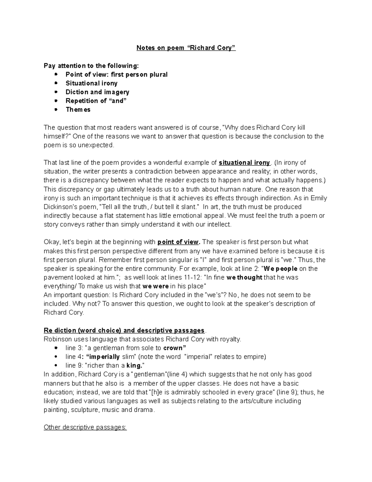 Notes on Richard Cory - Notes on poem “Richard Cory” Pay attention to ...