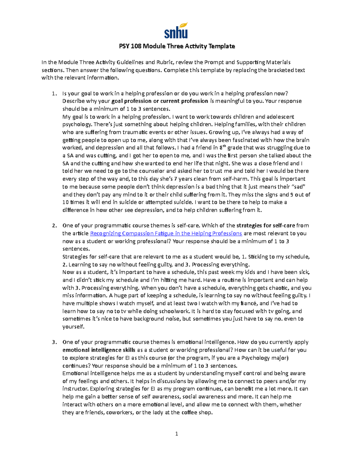 Activity Module 3-2 - PSY 108 Module Three Activity Template In the ...