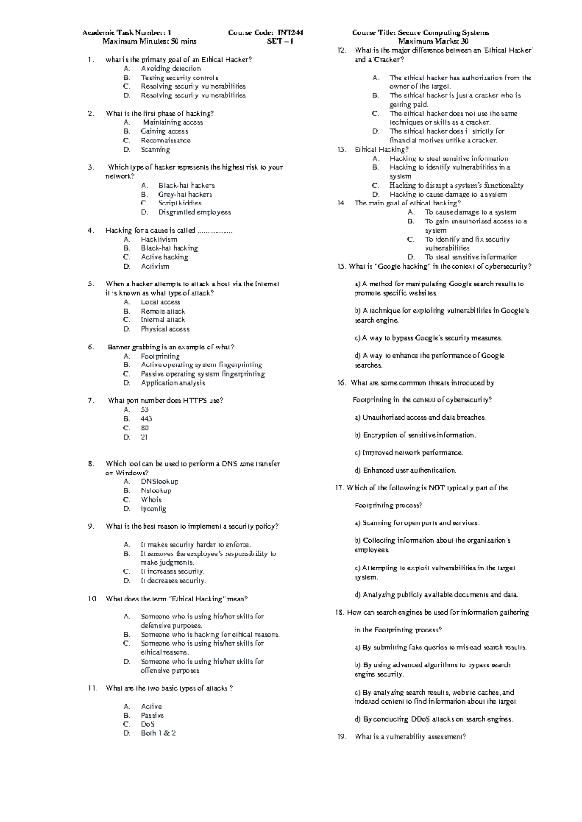 Unit I INT244 Questions set I - Academic Task Number: 1 Course Code ...