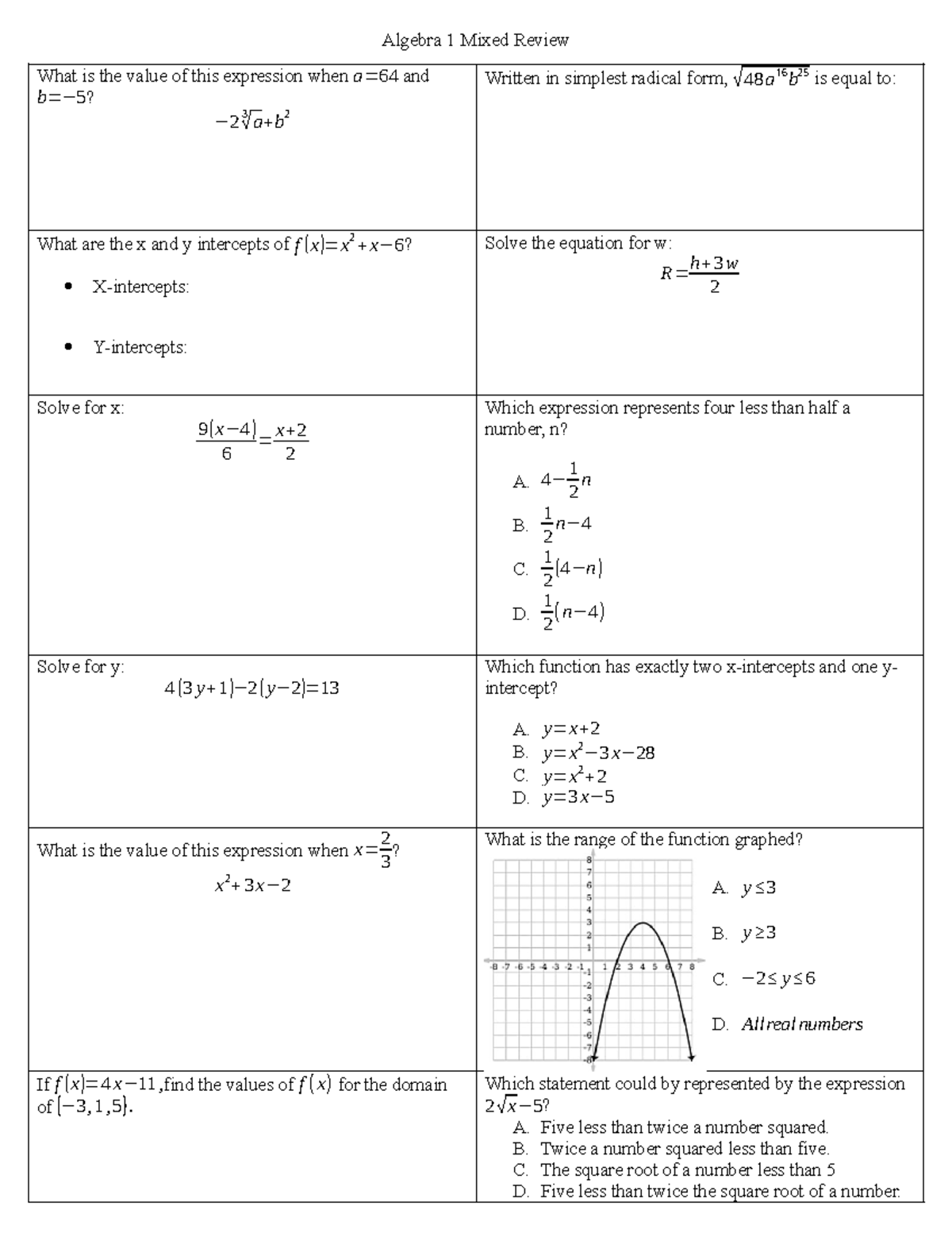Algebra 1 Mixed Review Semester 1 - Algebra 1 Mixed Review What is the ...