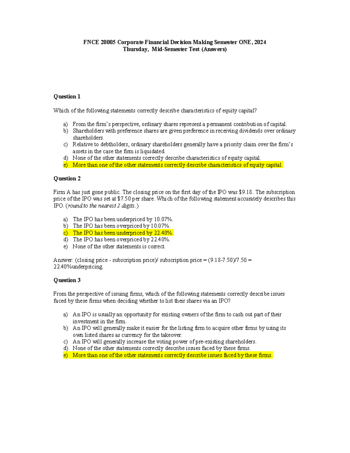 Thu MST 2024 with answers - FNCE 20005 Corporate Financial Decision ...