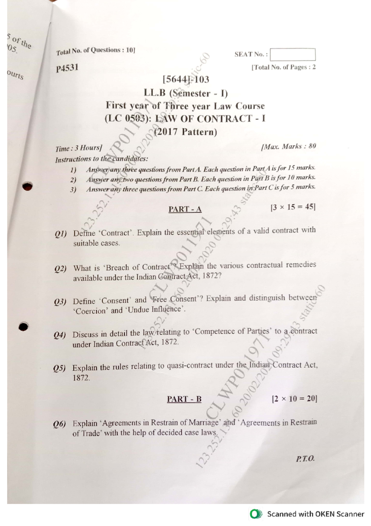 Law Of Contract Question Paper(Old) - Bachelor of Law - Studocu