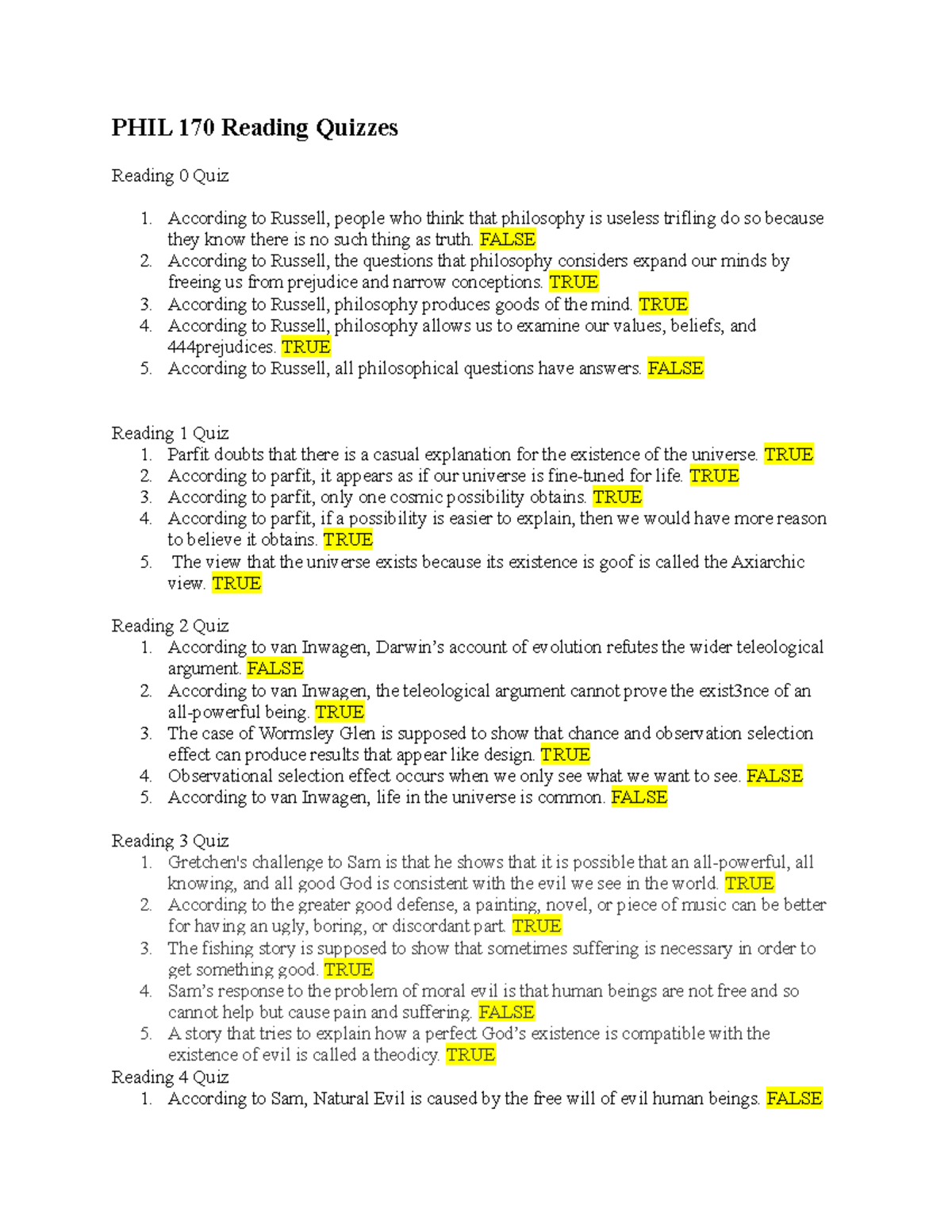 PHIL 170 Reading Quizzes - PHIL 170 Reading Quizzes Reading 0 Quiz ...