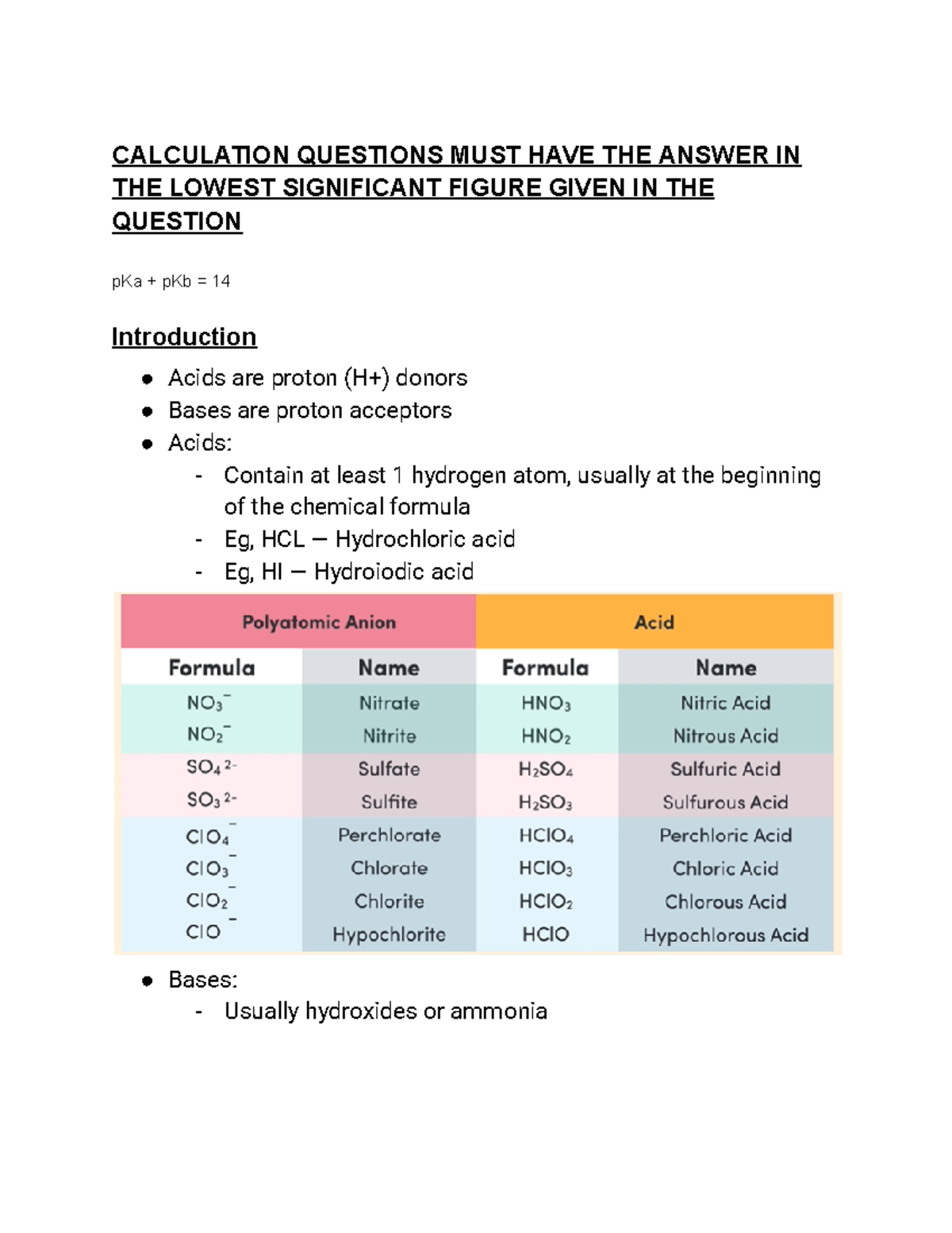 Chemistry Mod 6, Acids and Bases - CALCULATION QUESTIONS MUST HAVE THE ANSWER IN THE LOWEST ...