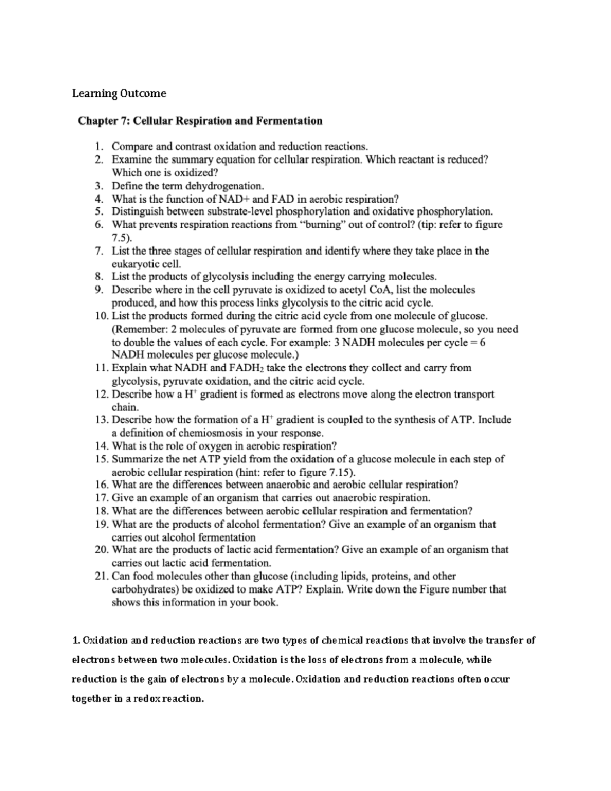 Chapter 7 Learning Outcomes - Learning Outcome Oxidation and reduction ...