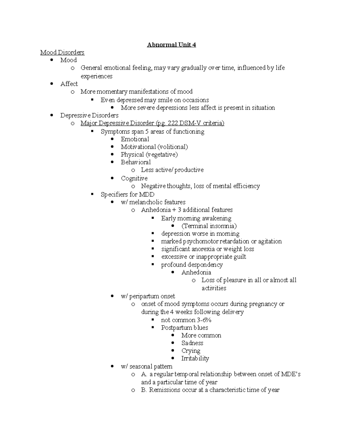 Abnormal Unit 4 lecture notes - Abnormal Unit 4 Mood Disorders Mood o ...