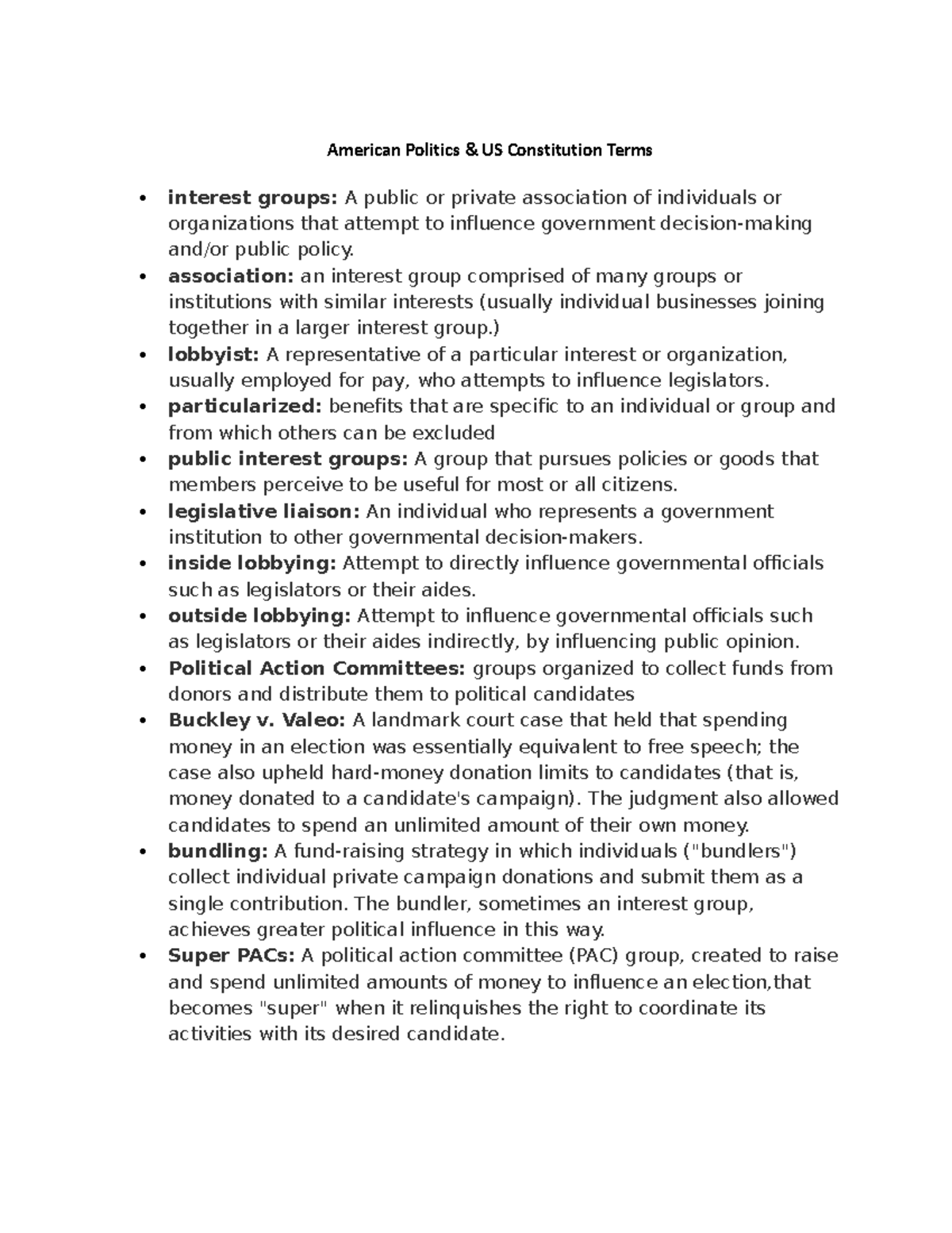 Key terms - Vocab - American Politics & US Constitution Terms interest ...