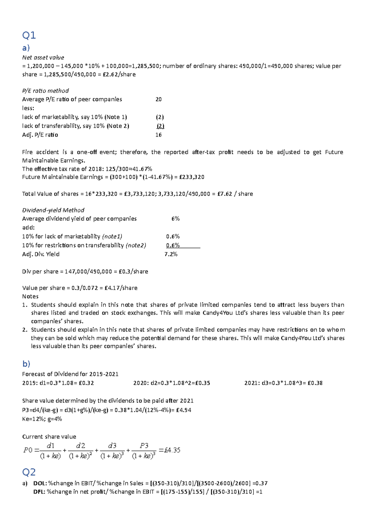 MOCK Paper Solution 1 - Q a) Net asset value = 1,200,000 – 145,000 *10 ...