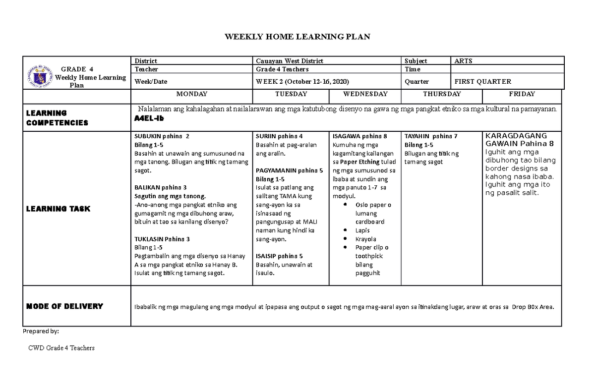 G4-Q1-WEEK 2- Weekly HOME PLAN - ARTS - WEEKLY HOME LEARNING PLAN GRADE ...