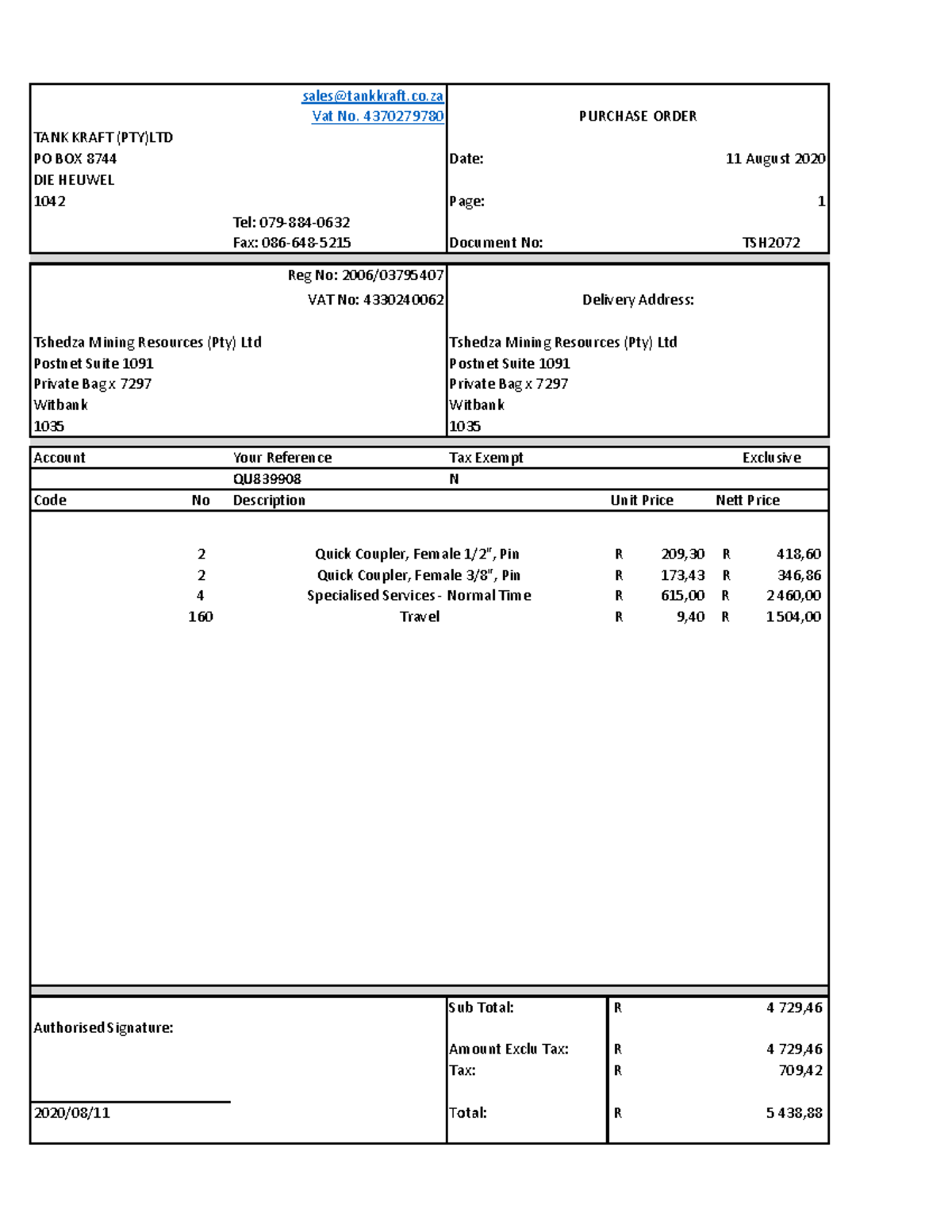 202008 11 - TSH2072 Tank Kraft - TANK KRAFT (PTY)LTD PO BOX 8744 DIE ...