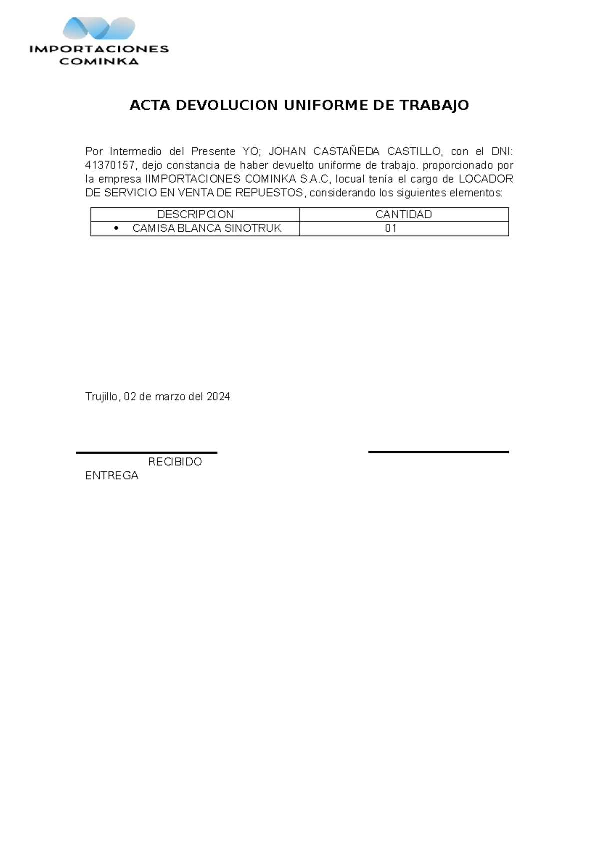 ACTA Devolucion Uniforme DE Trabajo - administración industrial - ACTA DEVOLUCION UNIFORME DE ...