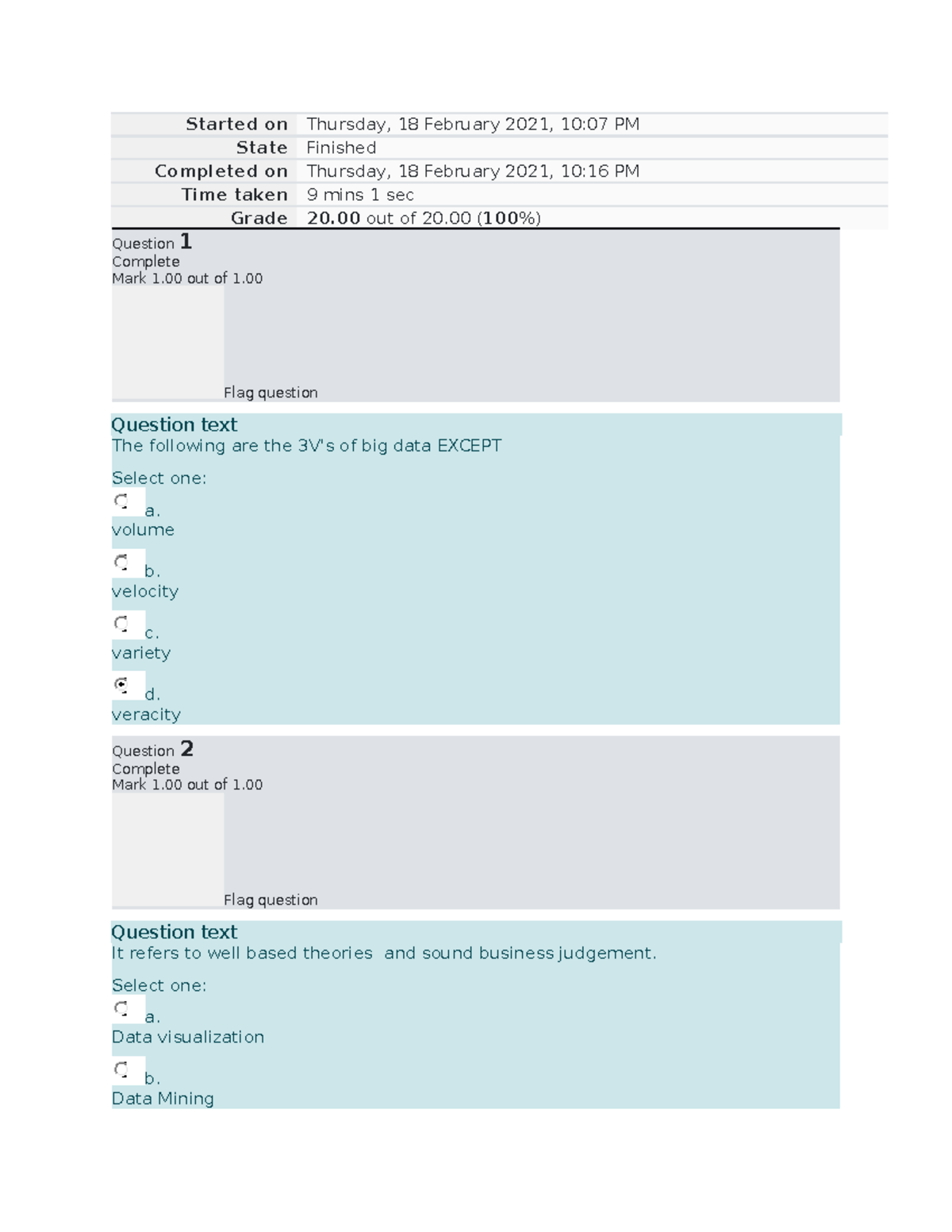 Data analysis quiz 1 - Started on Thursday, 18 February 2021, 10:07 PM ...